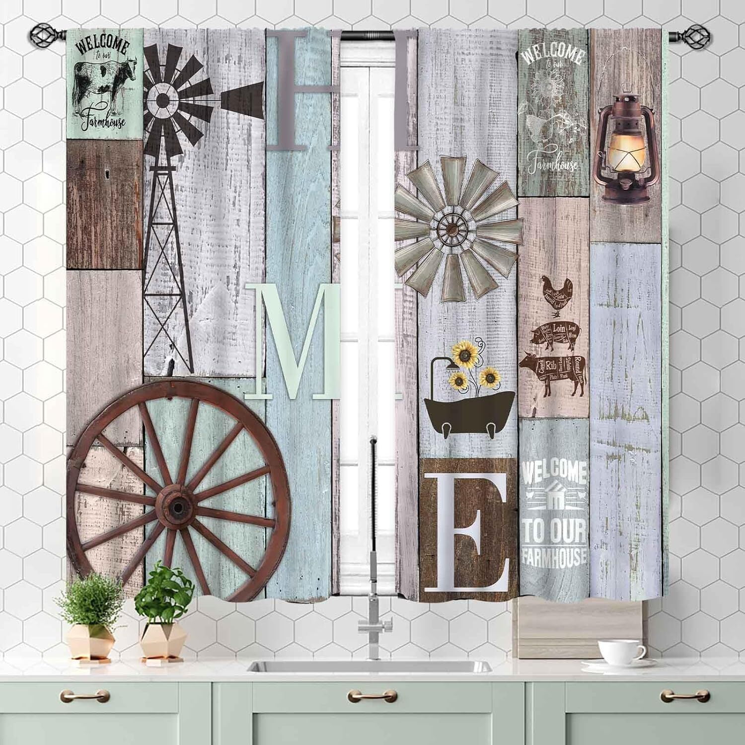 Farmhouse Kitchen Curtains, Rustic Farm Animals Cow Chicken Pig Cabin ...