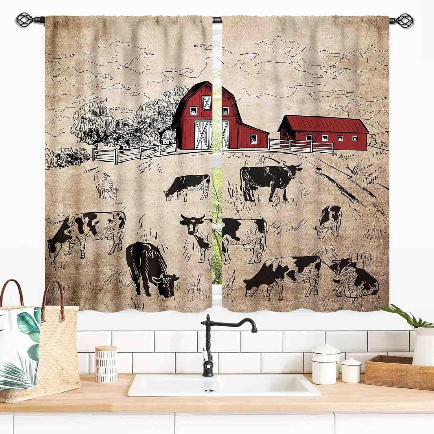 Farmhouse Kitchen Curtains, Rustic Farm Animals Dairy Cattle Cow Barn ...