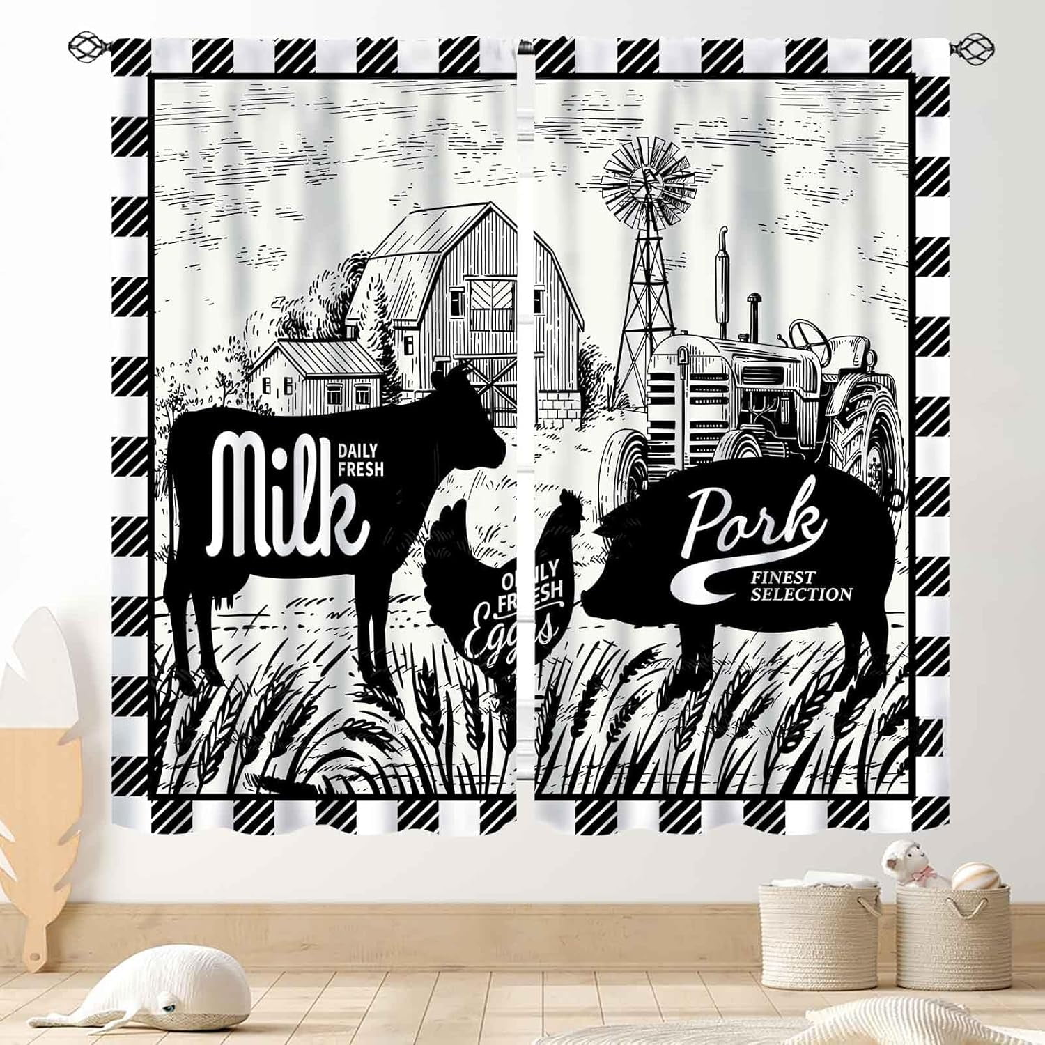 Farmhouse Kitchen Curtains, Rustic Farm Animals Rooster Chicken Milk ...