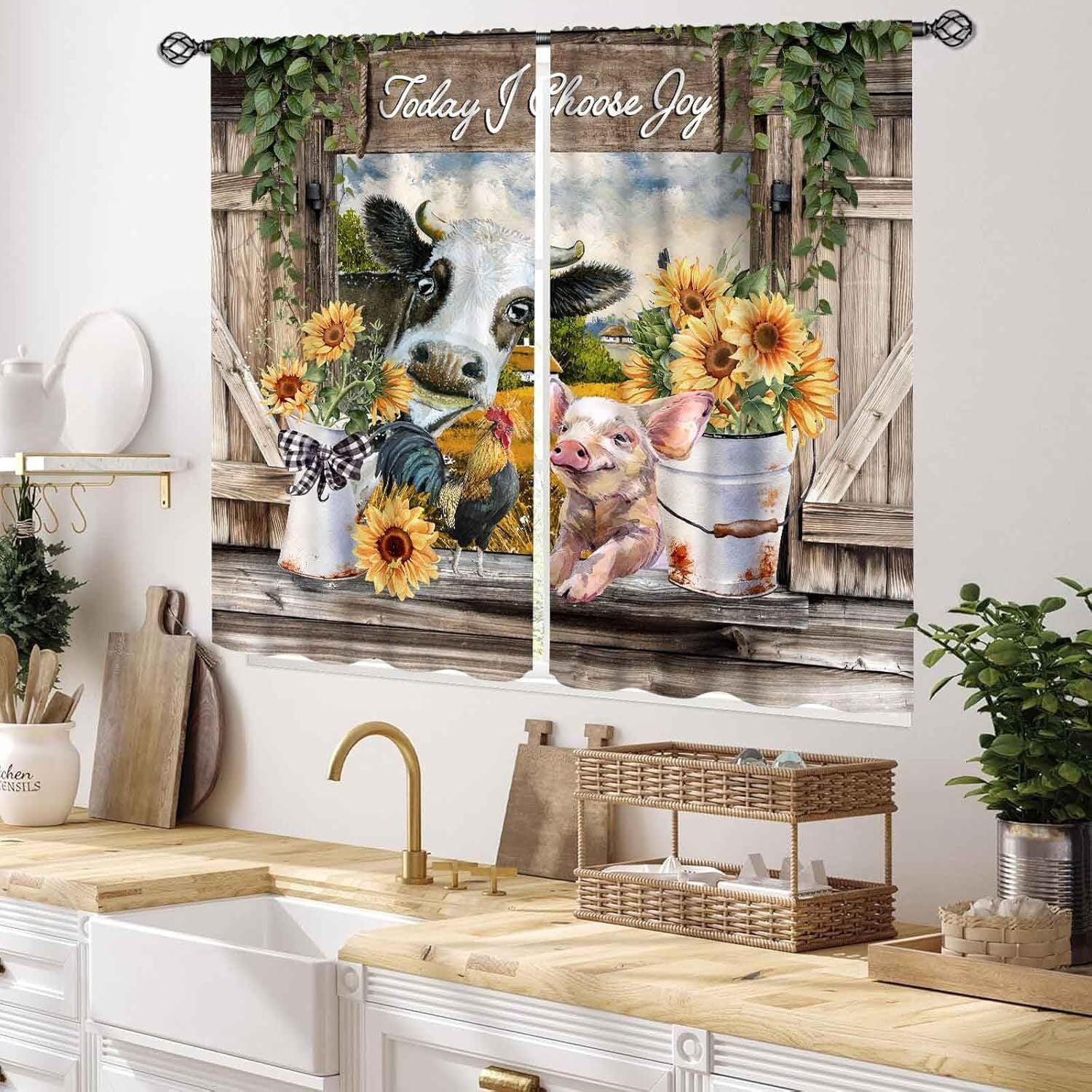 Farmhouse Kitchen Curtains, Rustic Farm Animals Rooster Chicken Pig Cow ...