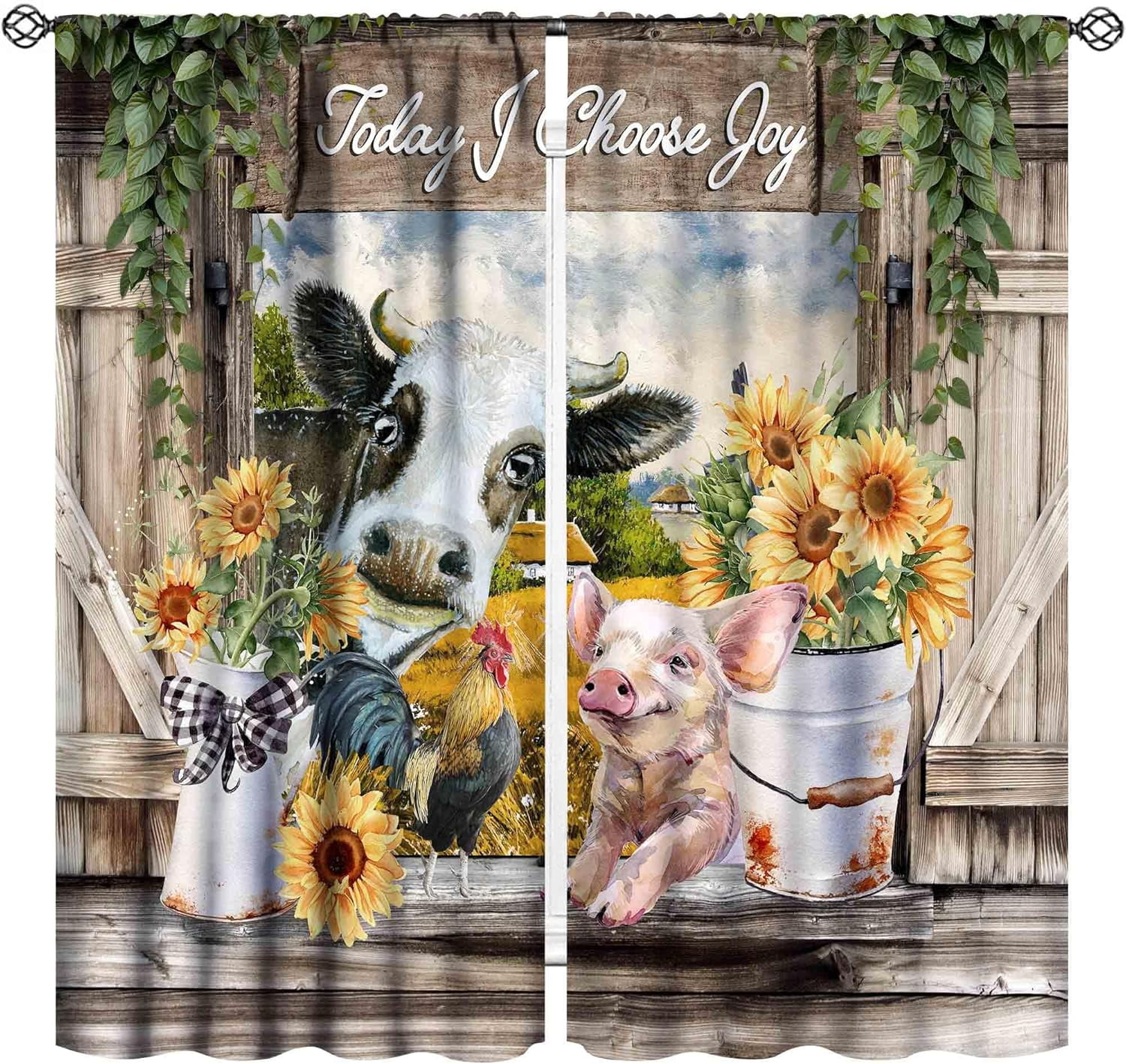 Farmhouse Kitchen Curtains, Rustic Farm Animals Rooster Chicken Pig Cow ...