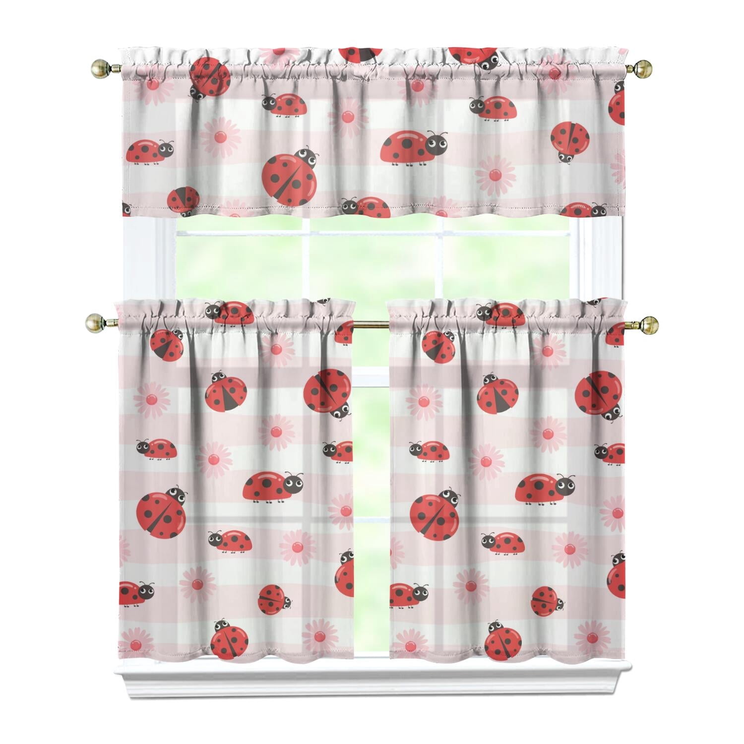 Farmhouse Kitchen Curtains Set of 3 - Cute Ladybug & Polka Dot Print ...