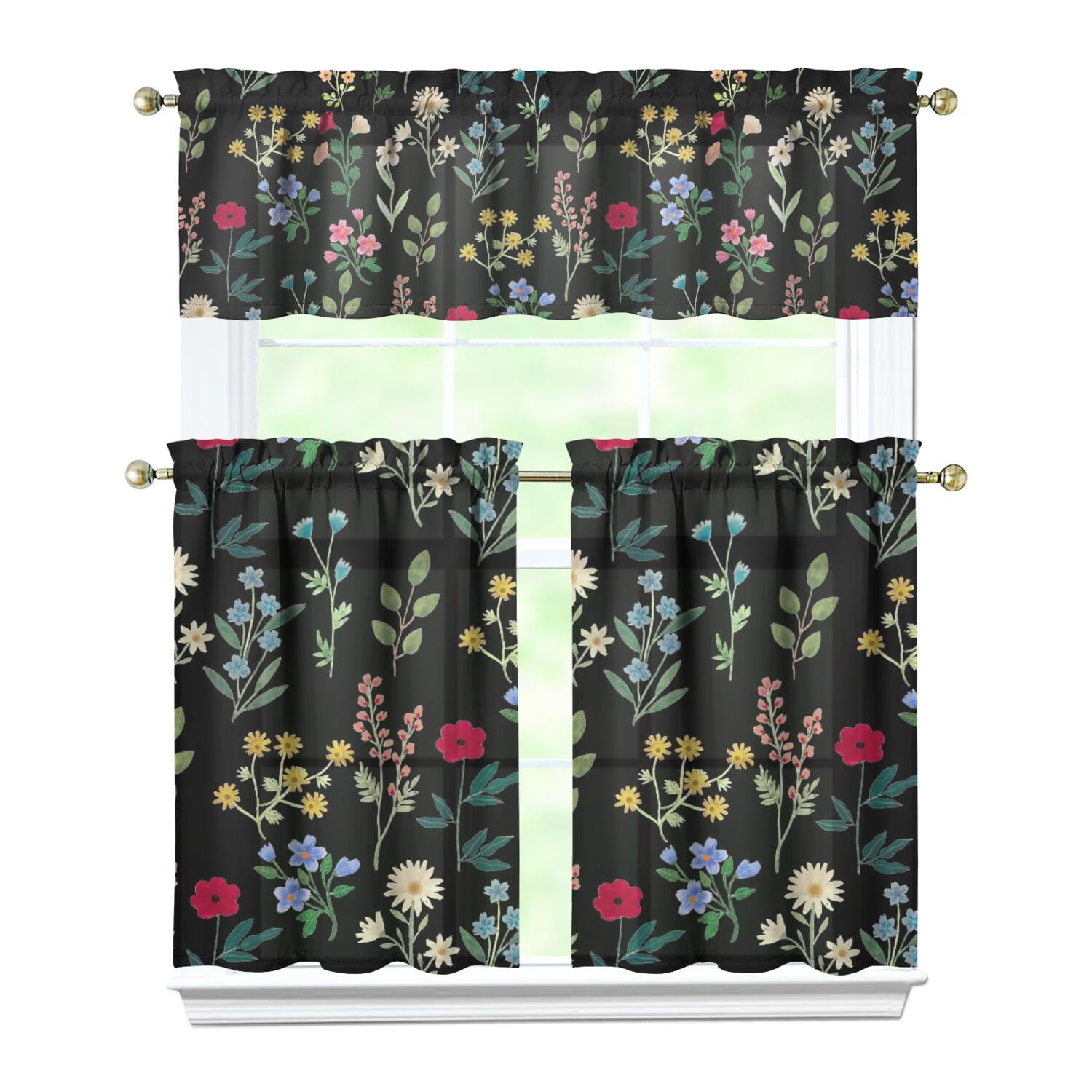 Farmhouse Kitchen Curtains Set Tier and Valance, Vintage Botanical ...