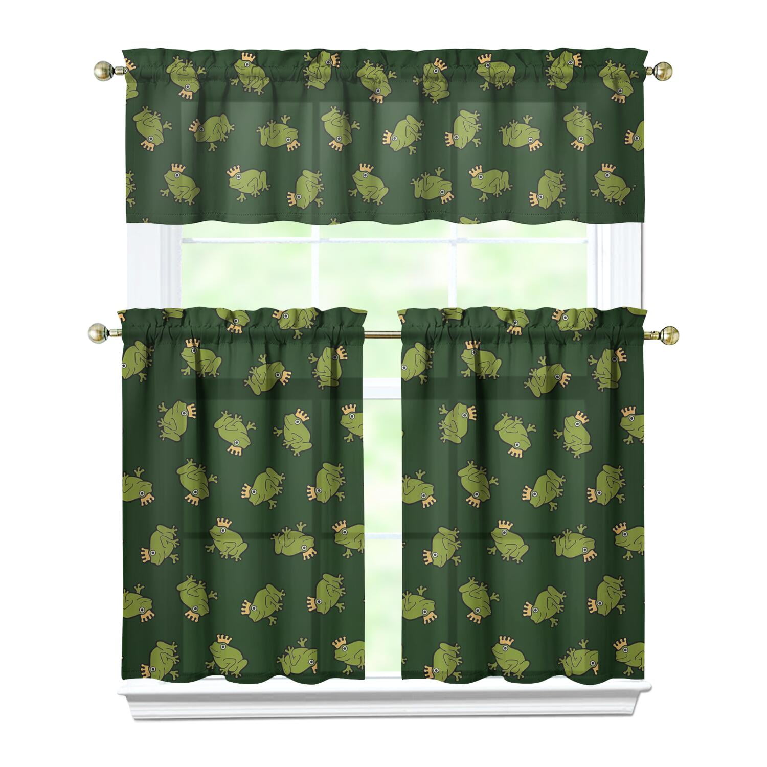 Farmhouse Kitchen Curtains Set of 3 - Green Frog & Mushroom Plant Print ...