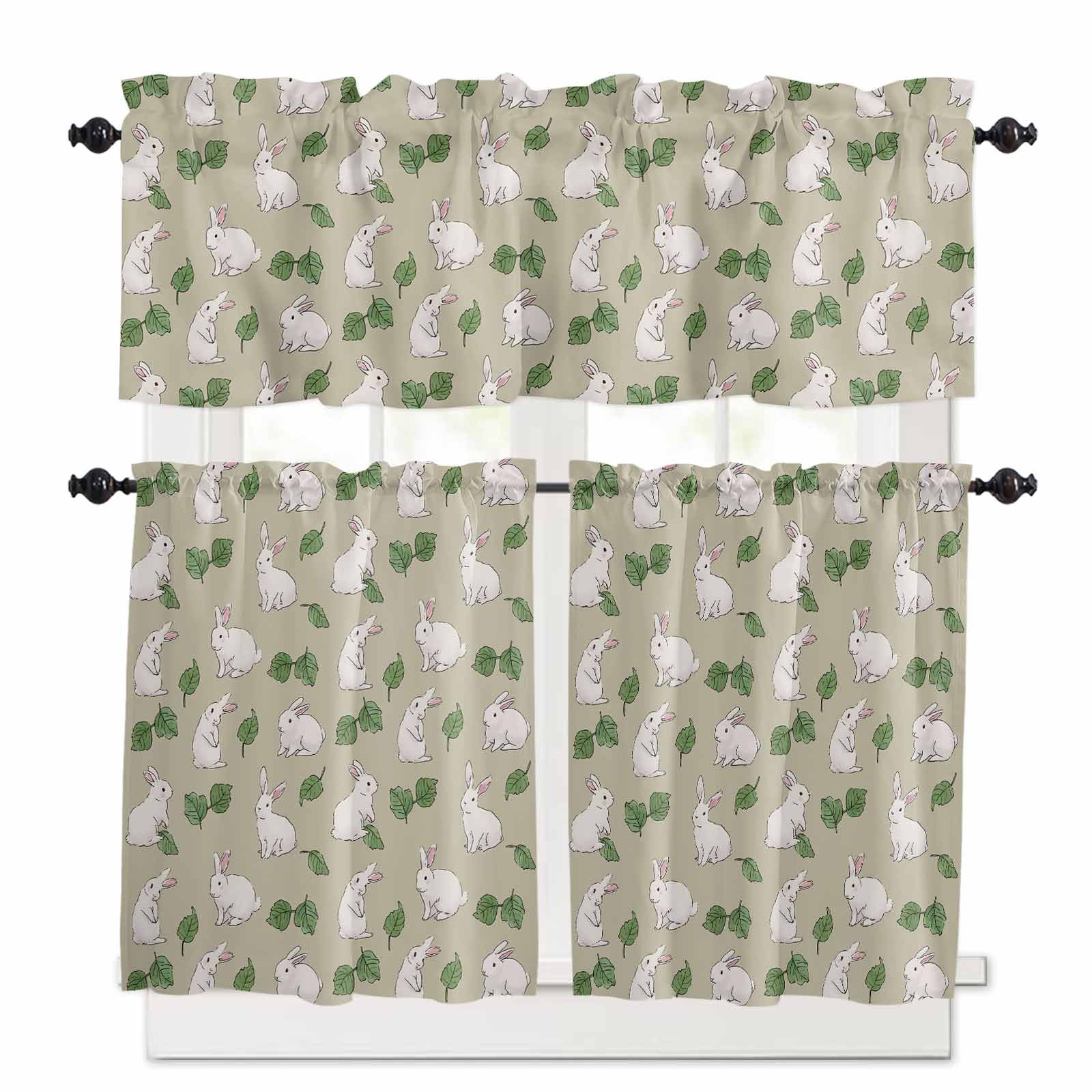 Farmhouse Kitchen Curtains Valances and Tiers Cartoon Rabbits Plant ...