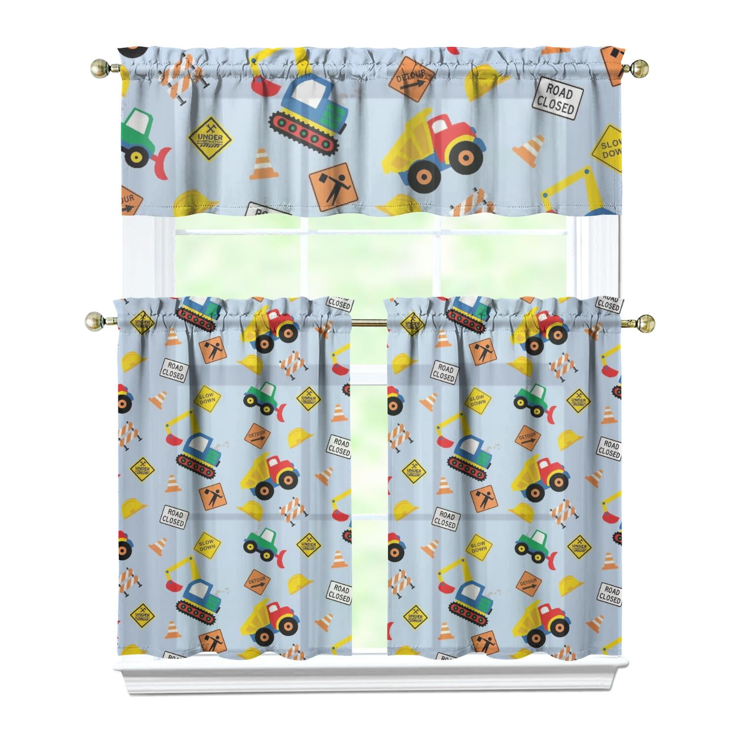 Farmhouse Kitchen Curtains with Construction Trucks - 3 PC Tier Set ...