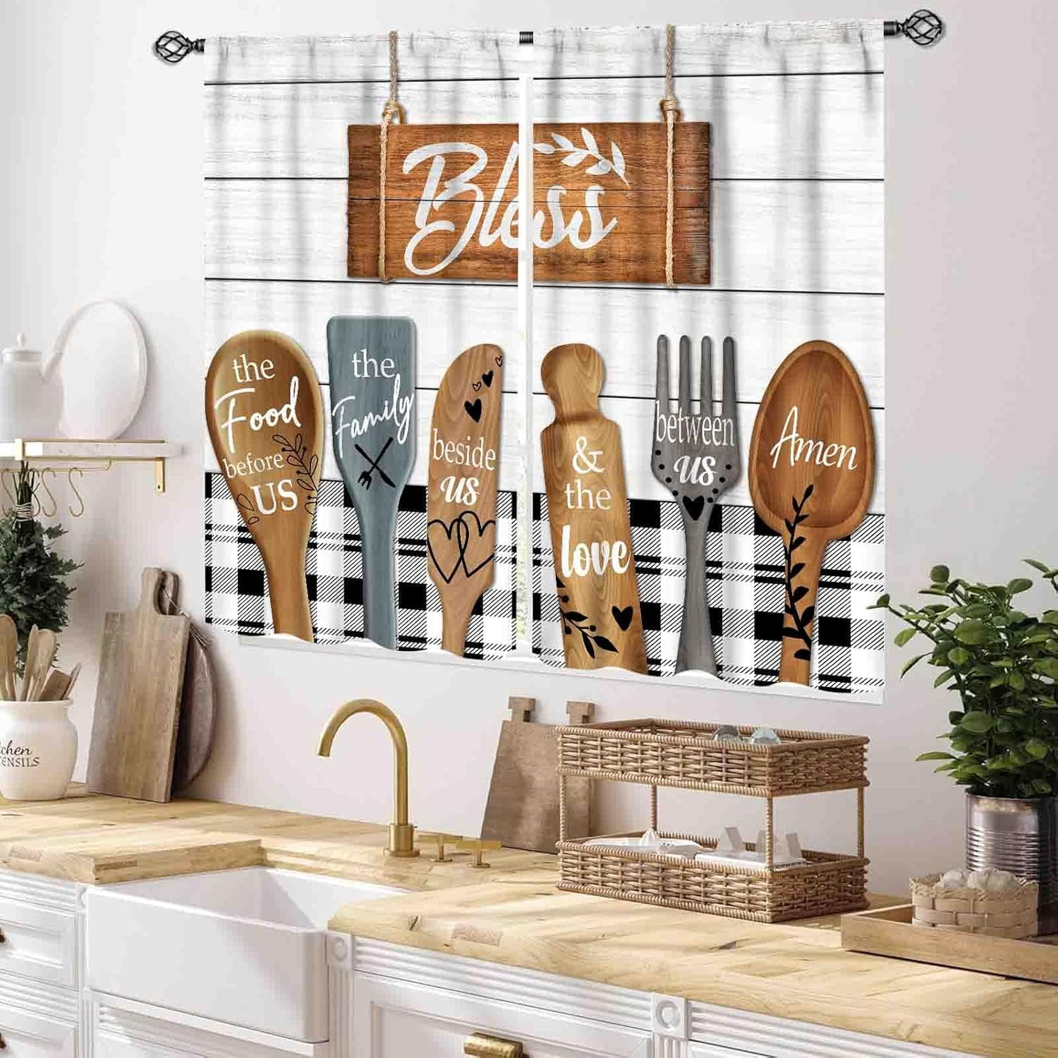 Farmhouse Kitchen Curtainsm, Rustic Fork and Spoon Woodern Plank Board ...