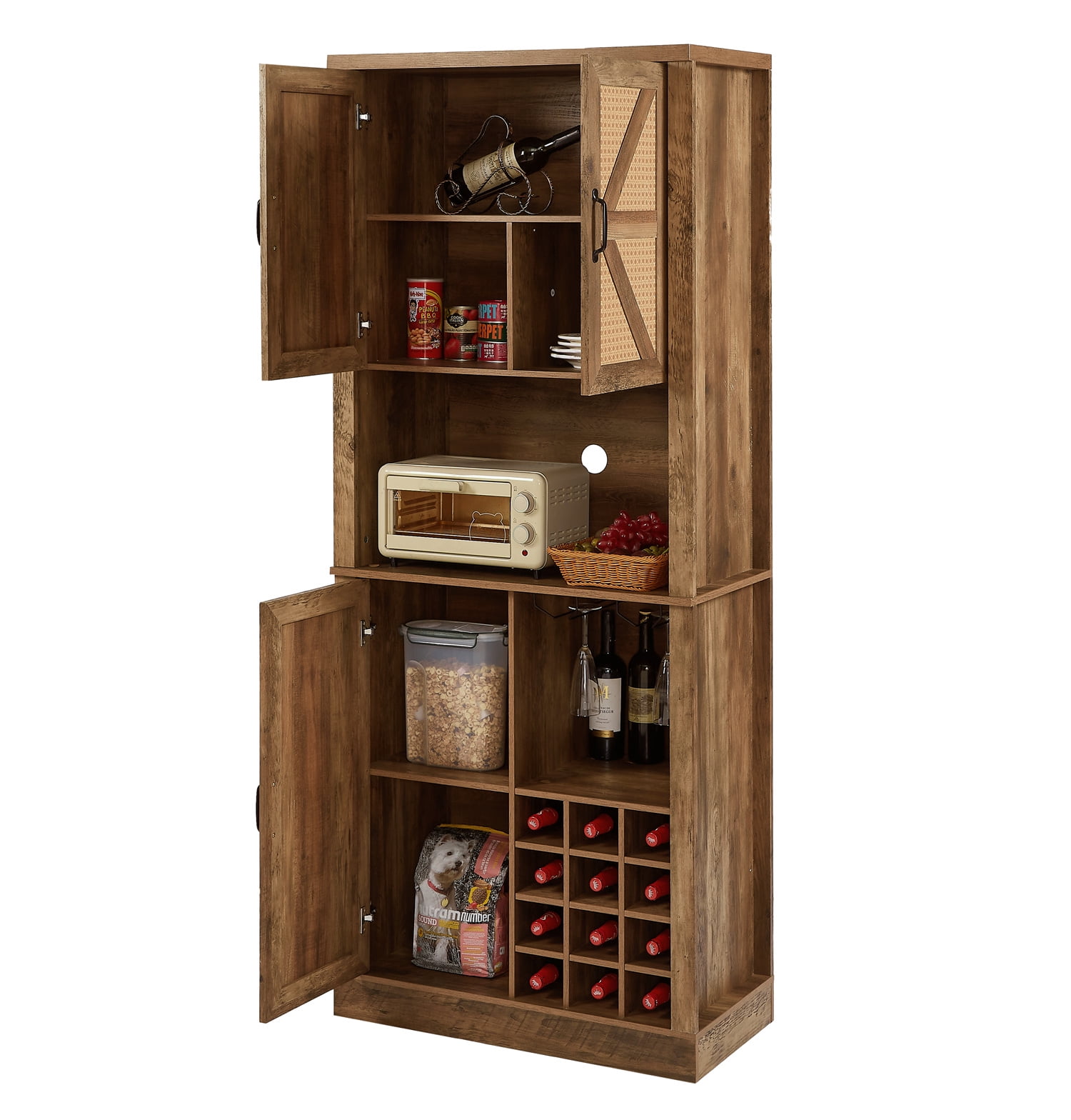 Farmhouse Kitchen Faux Rattan Wine Cabinet, 76-Inch Tall Rustic Kitchen ...