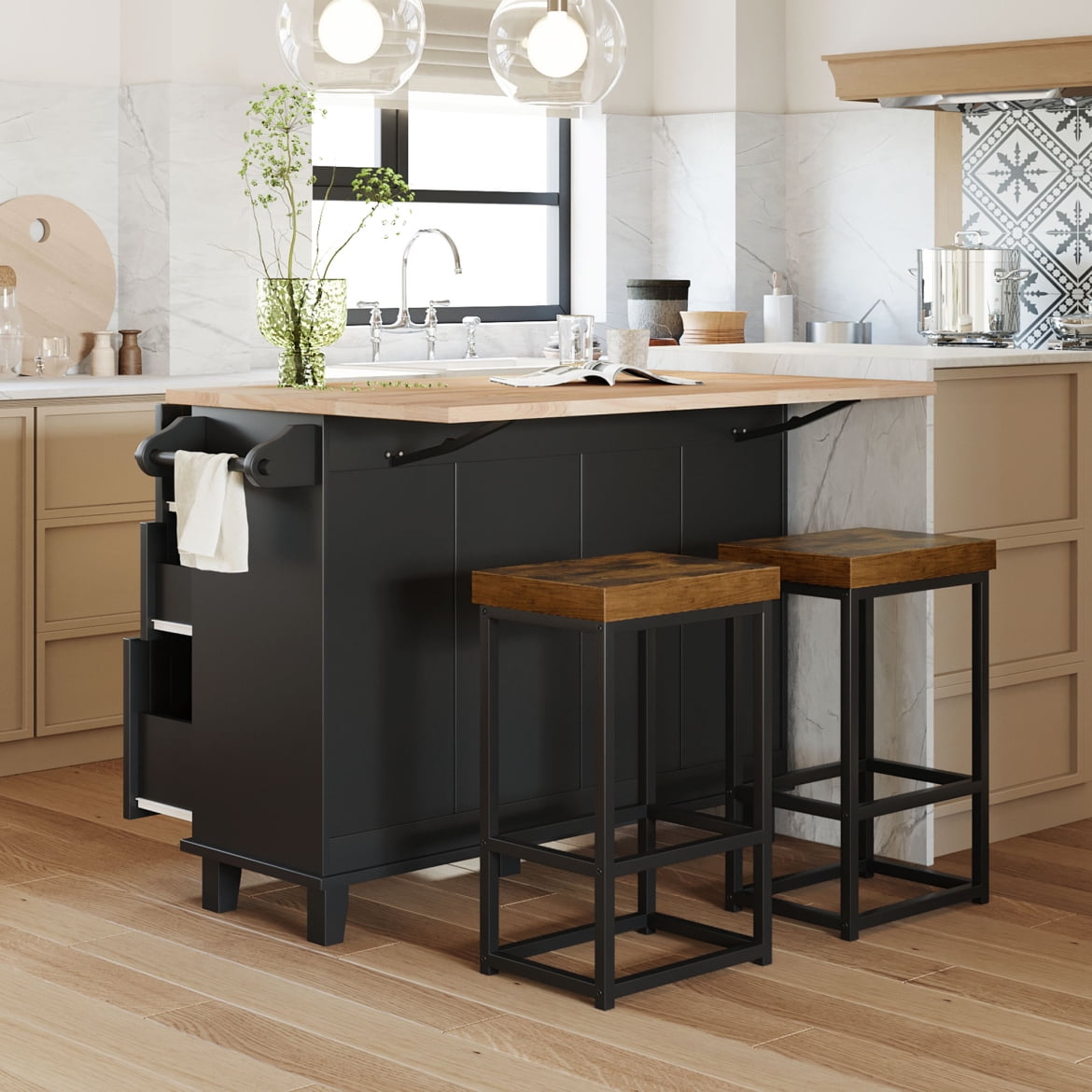 Farmhouse Kitchen Island with 2 Stools and Drop Leaf, 3 Piece Dining ...
