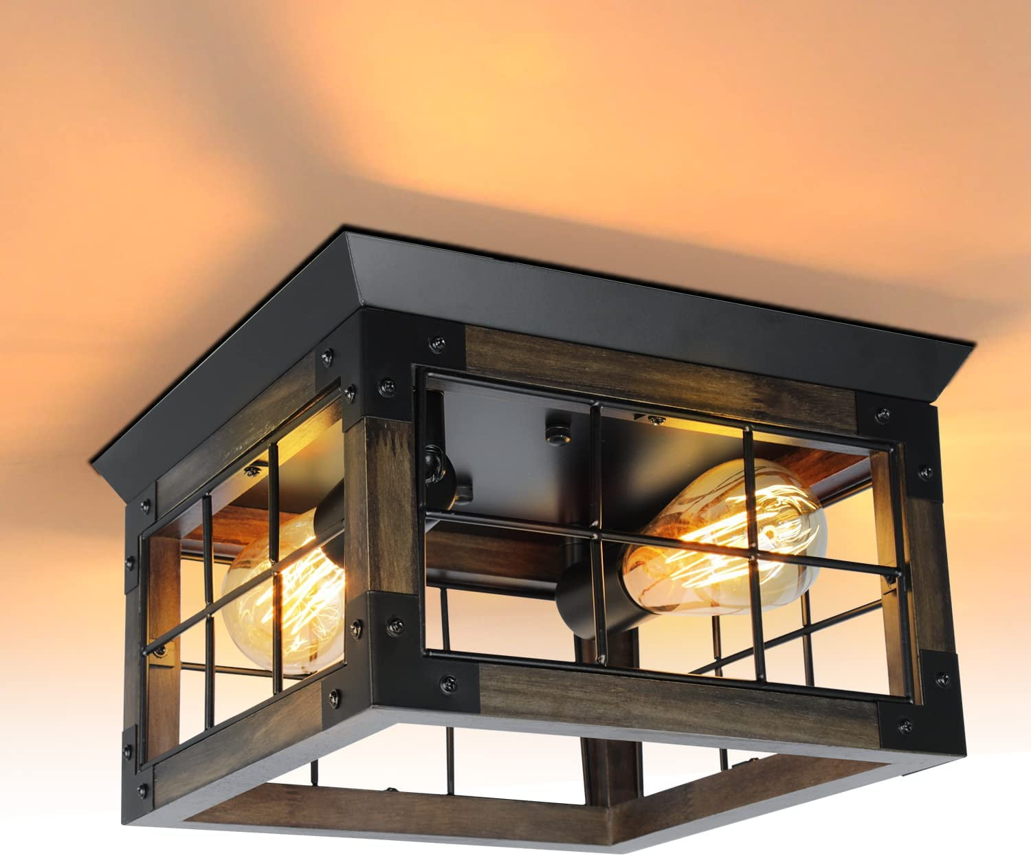 Farmhouse Kitchen Light Fixtures, 2-Light Black Semi Flush Mount ...