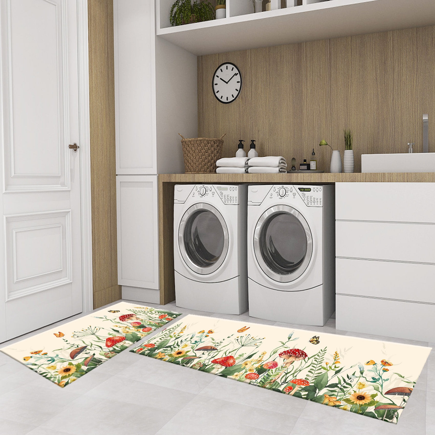 Farmhouse Kitchen Mats Colorful Mushroom Butterfly Wild Flowers Kitchen ...