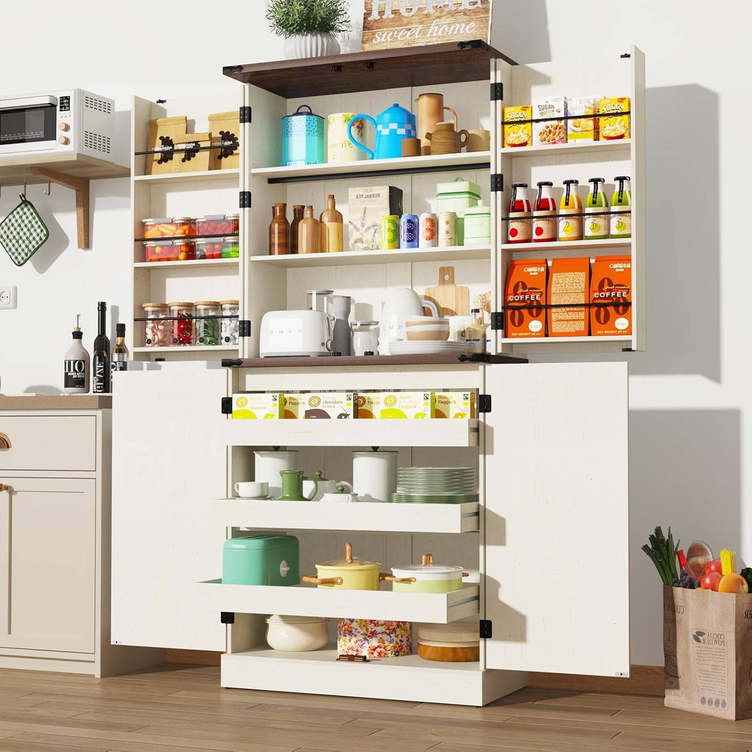 Farmhouse Kitchen Pantry Cabinet with 3 Drawers,71" Tall Rustic Wood ...