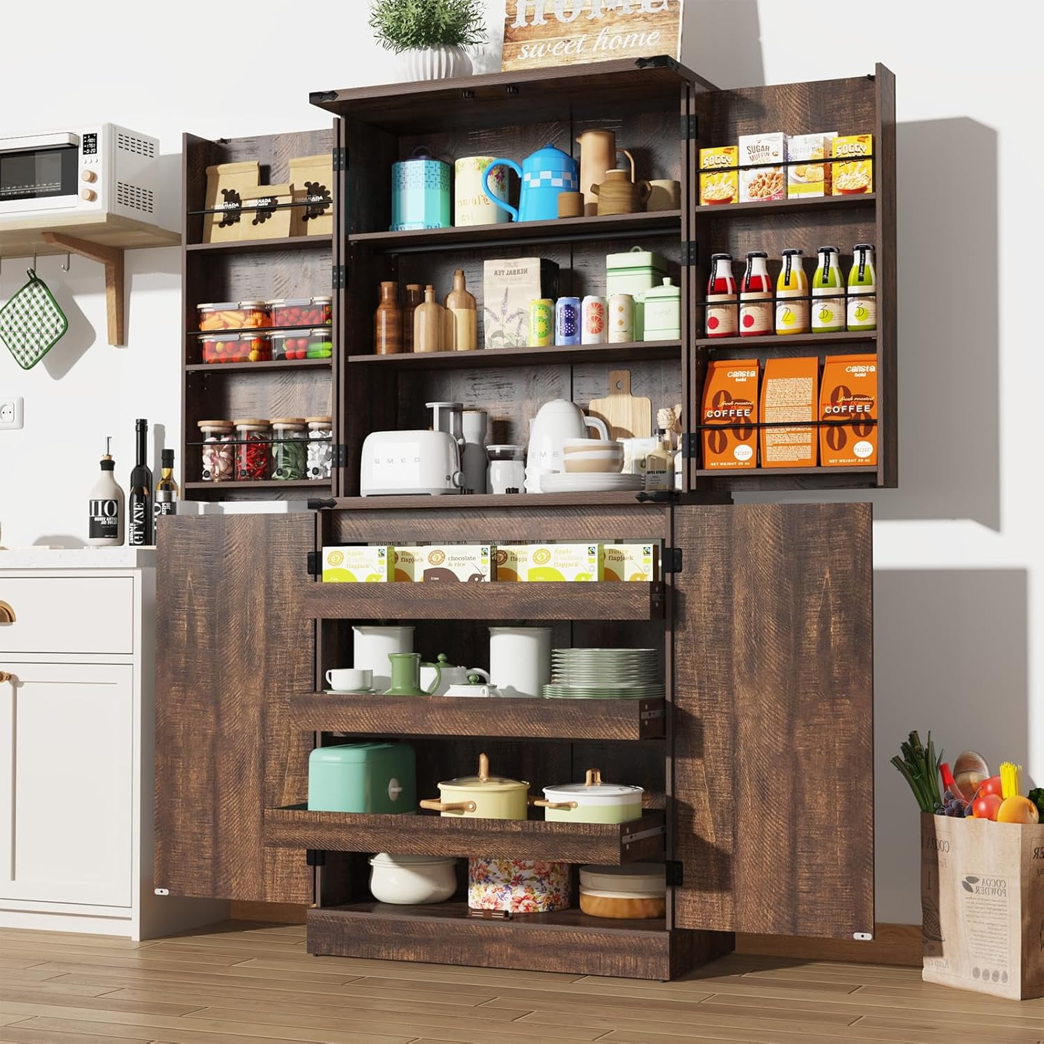 Farmhouse Kitchen Pantry Cabinet with 3 Drawers,71" Tall Rustic Wood ...