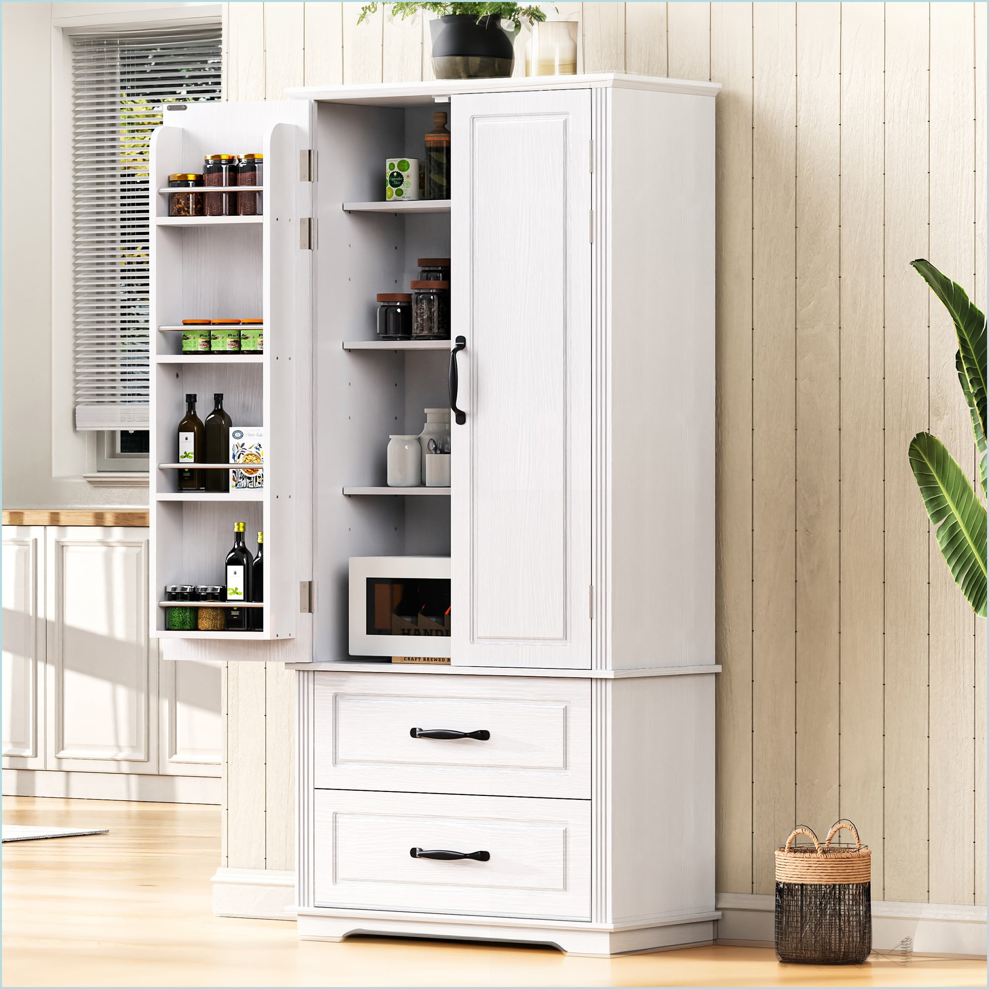 Farmhouse Kitchen Pantry Cabinet | 71"H White Storage with 2 Drawers ...