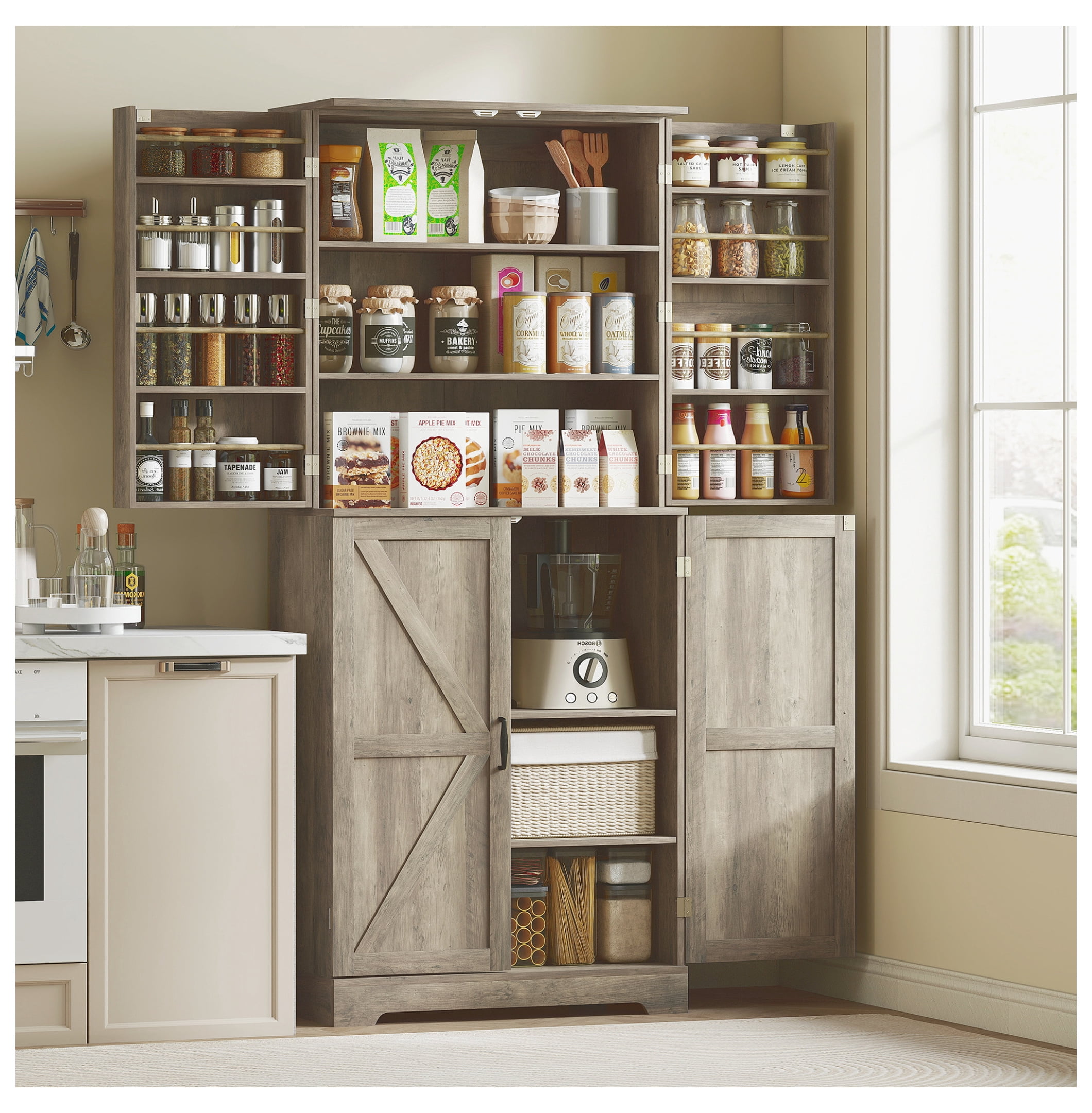 Farmhouse Kitchen Pantry Cabinet, 72” Tall with Barn Doors, 4 ...
