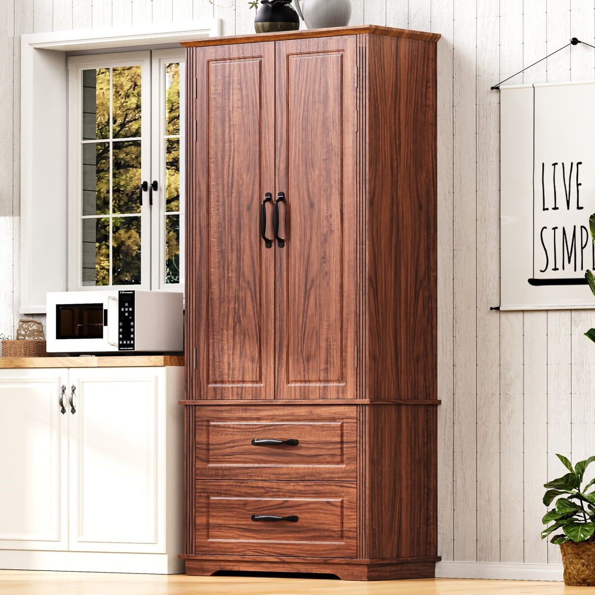 Farmhouse Kitchen Pantry Cabinet, Embossed Texture Freestanding ...