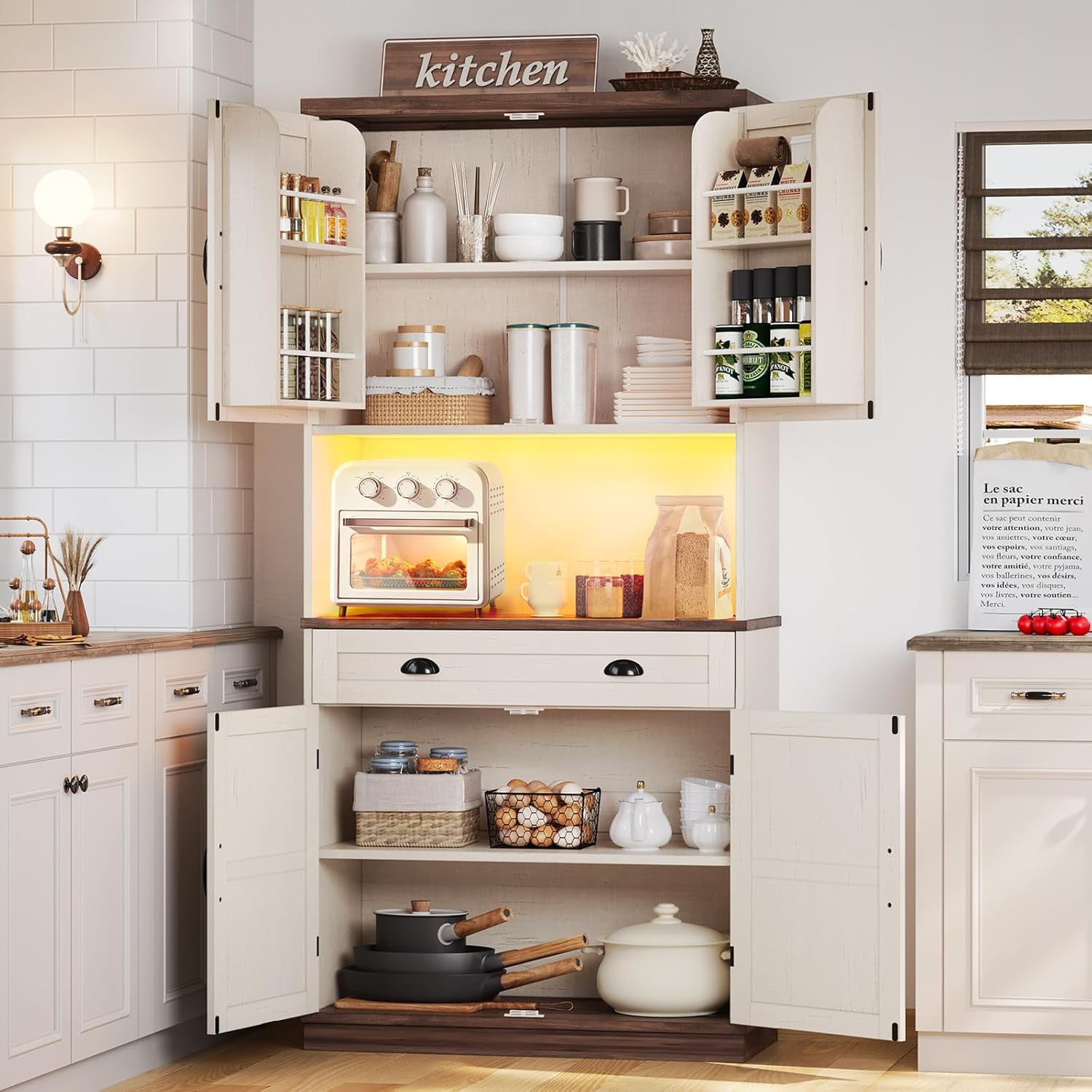 Farmhouse Kitchen Pantry Cabinet with Operation Table, 72.6" Storage ...