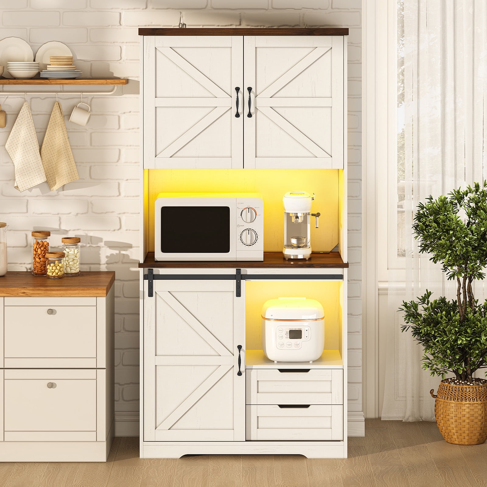 Farmhouse Kitchen Pantry with LED Lights and Power Strip, Versatile ...