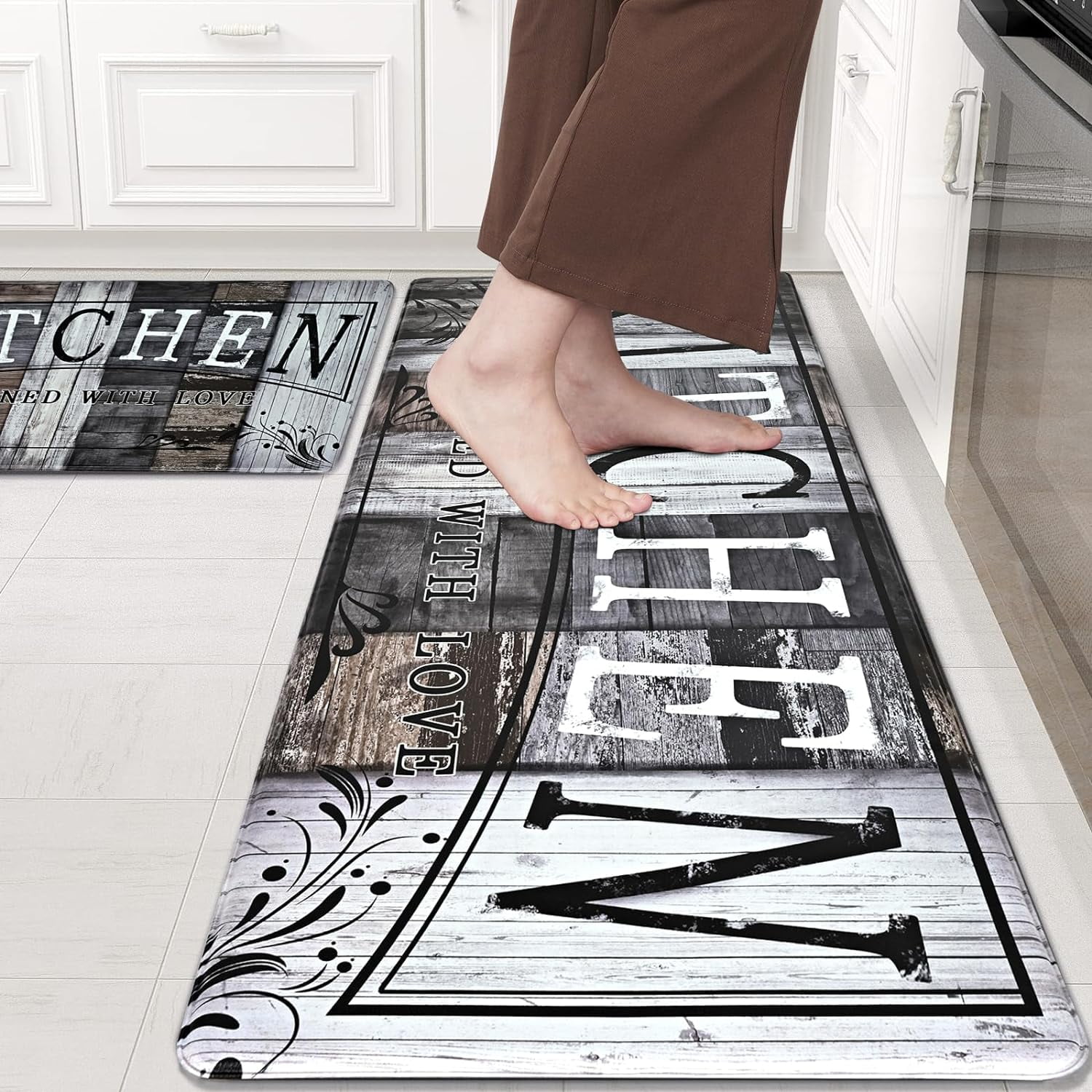 Farmhouse Kitchen Rug and Runner Set Washable, Cushioned Anti Fatigue ...