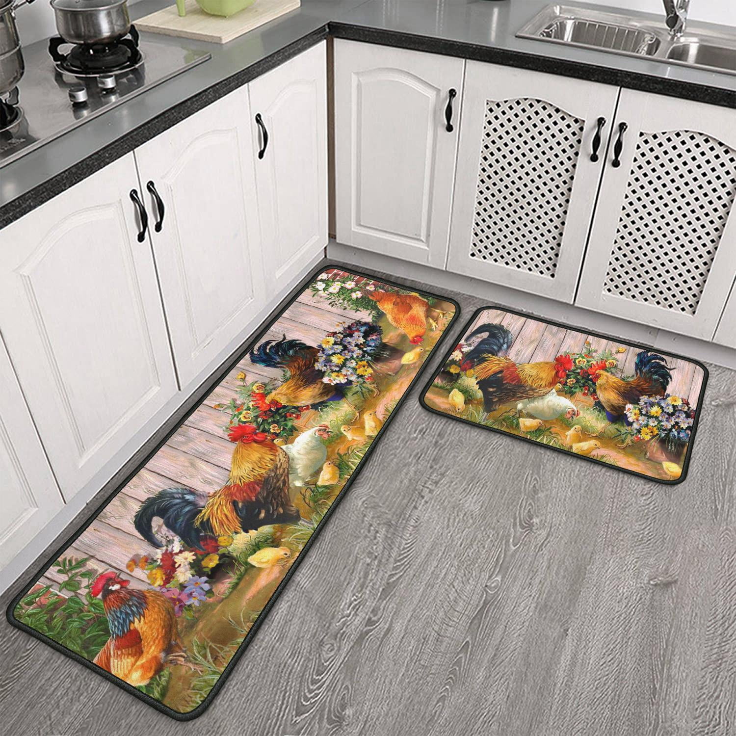 Farmhouse Kitchen Rug Set of 2, Rooster Theme, Anti-Fatigue, Non-Skid ...