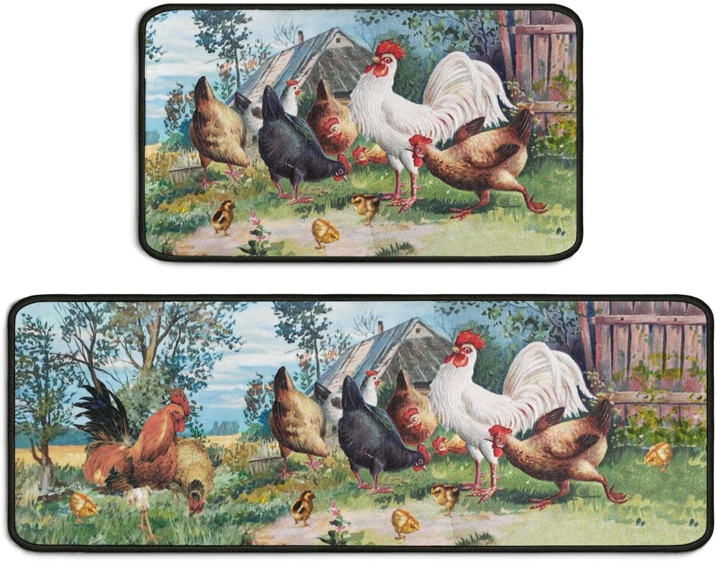 Farmhouse Kitchen Rug Set of 2, Vintage Farm Rooster Non-Slip Washable ...
