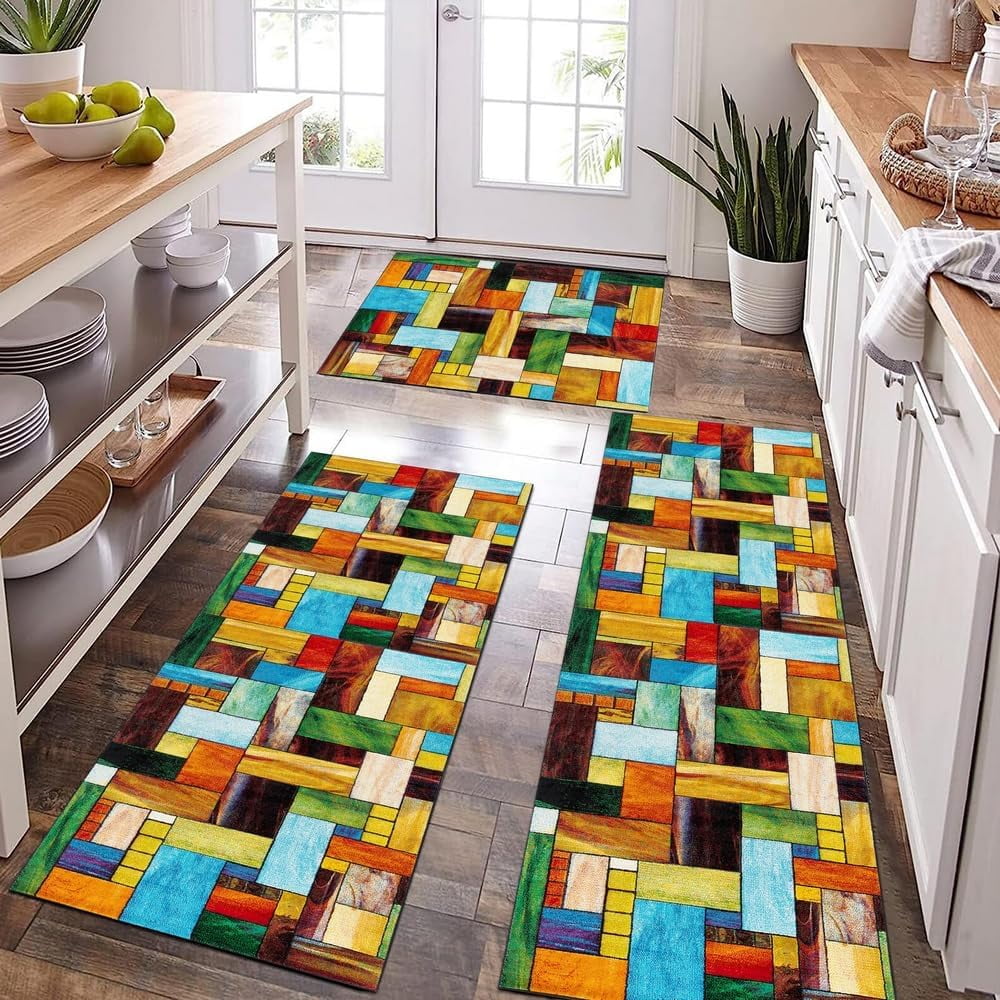 Farmhouse Kitchen Rug Sets 3 Piece,Blue Brown Red Non Slip Kitchen Rugs ...