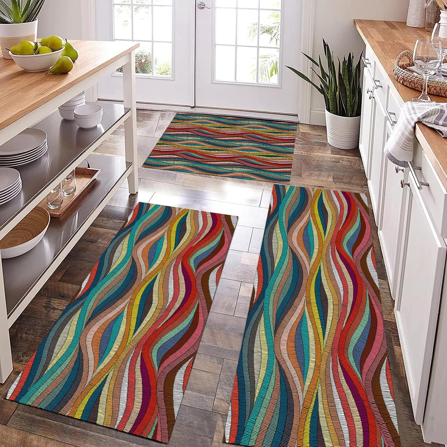 Farmhouse Kitchen Rug Sets 3 Pieces, Stripes Rainbow Rugs Non Slip ...