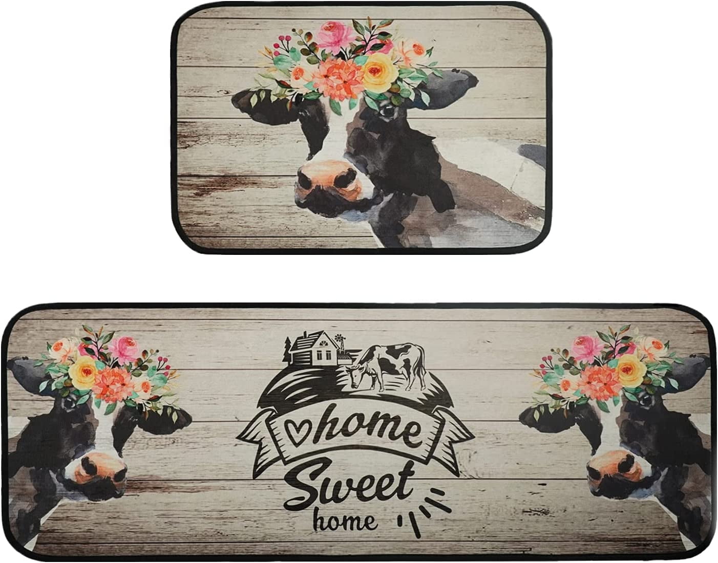 Farmhouse Kitchen Rugs Set: Bull's Head Flower Mat, Cow Floor Rug, Non ...