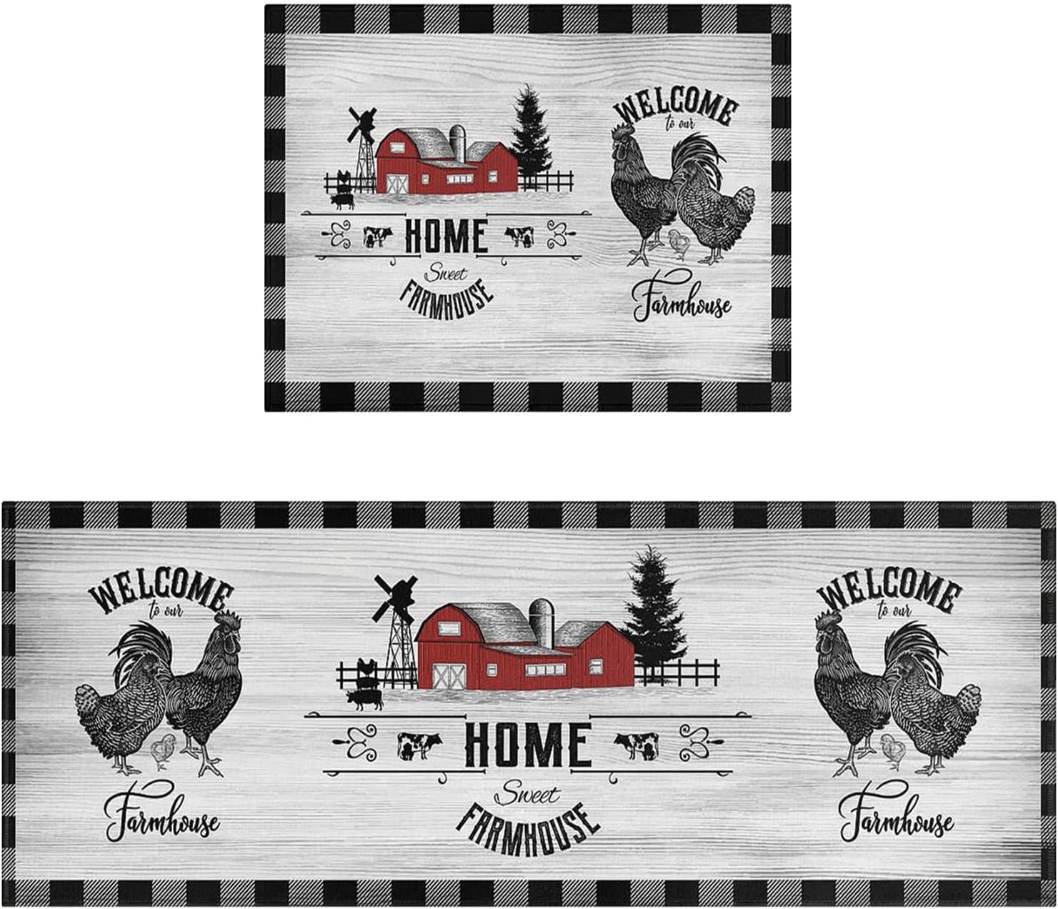 Farmhouse Kitchen Rugs Mat 2 Piece Set Buffalo Plaid Rooster Non-Slip ...