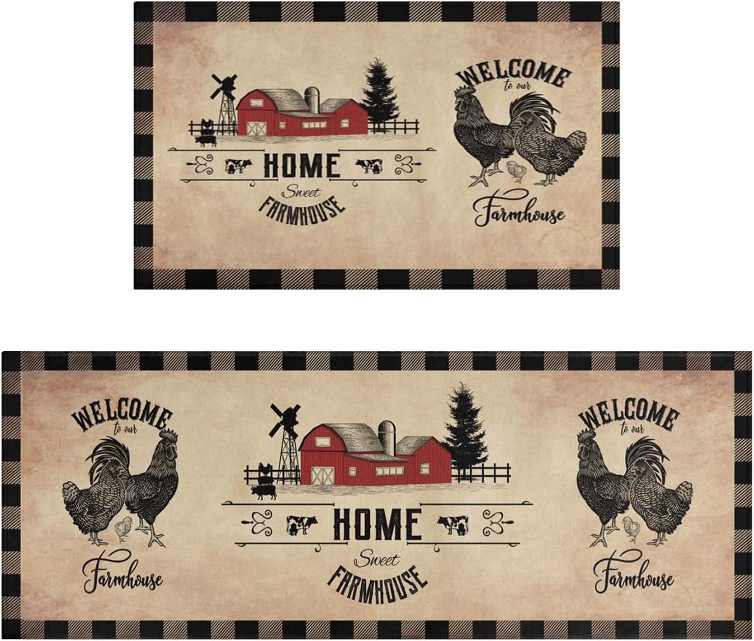 Farmhouse Kitchen Rugs Mat Set of 2 Buffalo Plaid Rooster Kitchen Rug ...