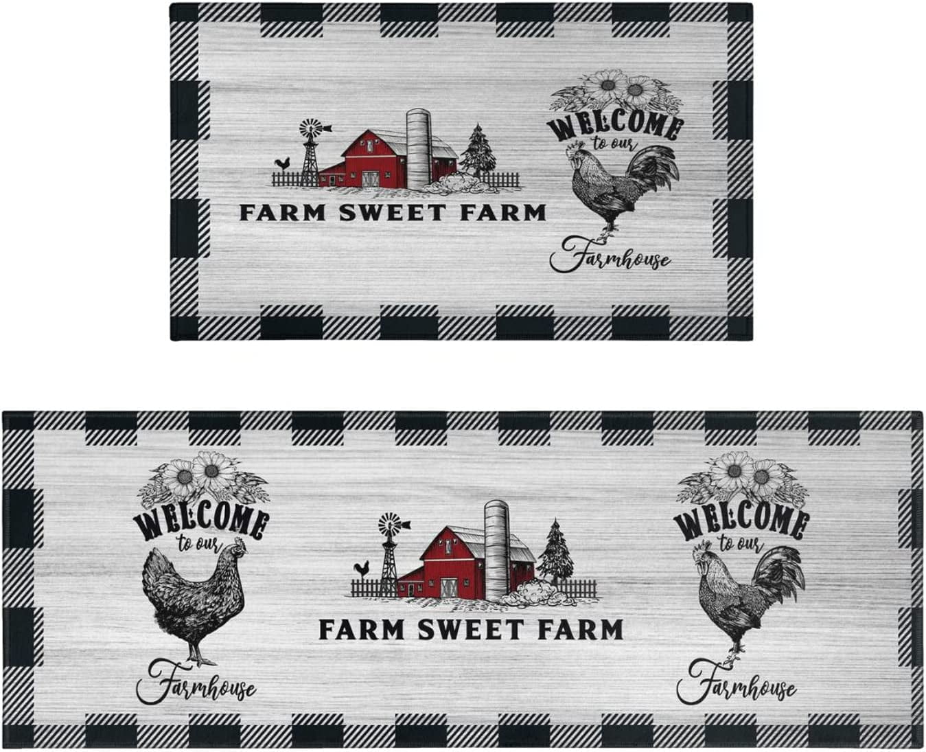 Farmhouse Kitchen Rugs and Mats 2 Pieces, Rooster Decor, Buffalo Plaid ...