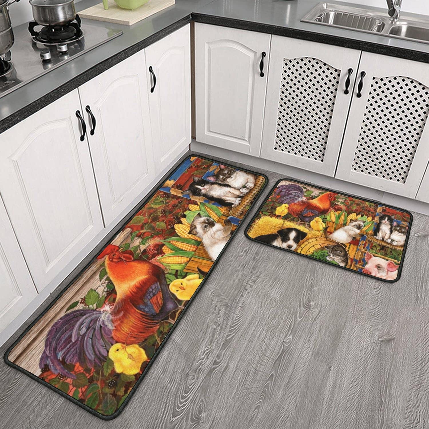 Farmhouse Kitchen Rugs and Mats Set of 2, Farm Rooster Kitchen Mat ...