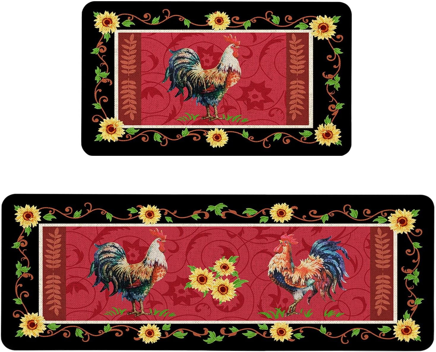 Farmhouse Kitchen Rugs and Mats Set of 2, Farm Sunflower Rooster ...