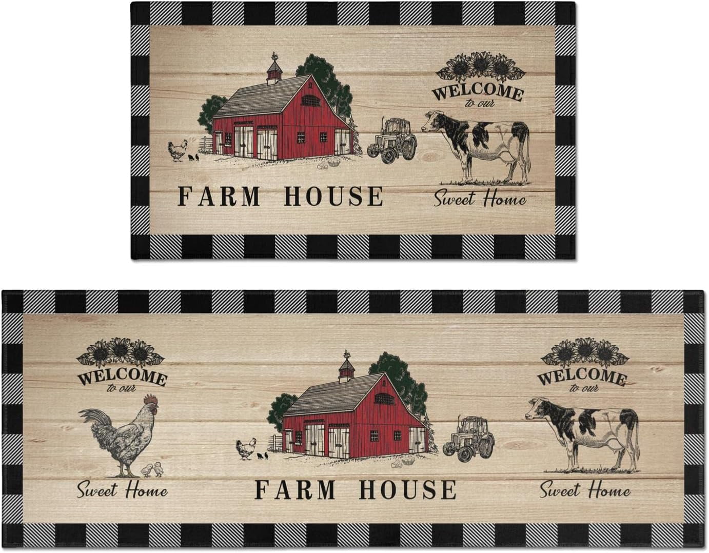 Farmhouse Kitchen Rugs Set of 2, Farm Rooster Cow Kitchen Mat Washable ...
