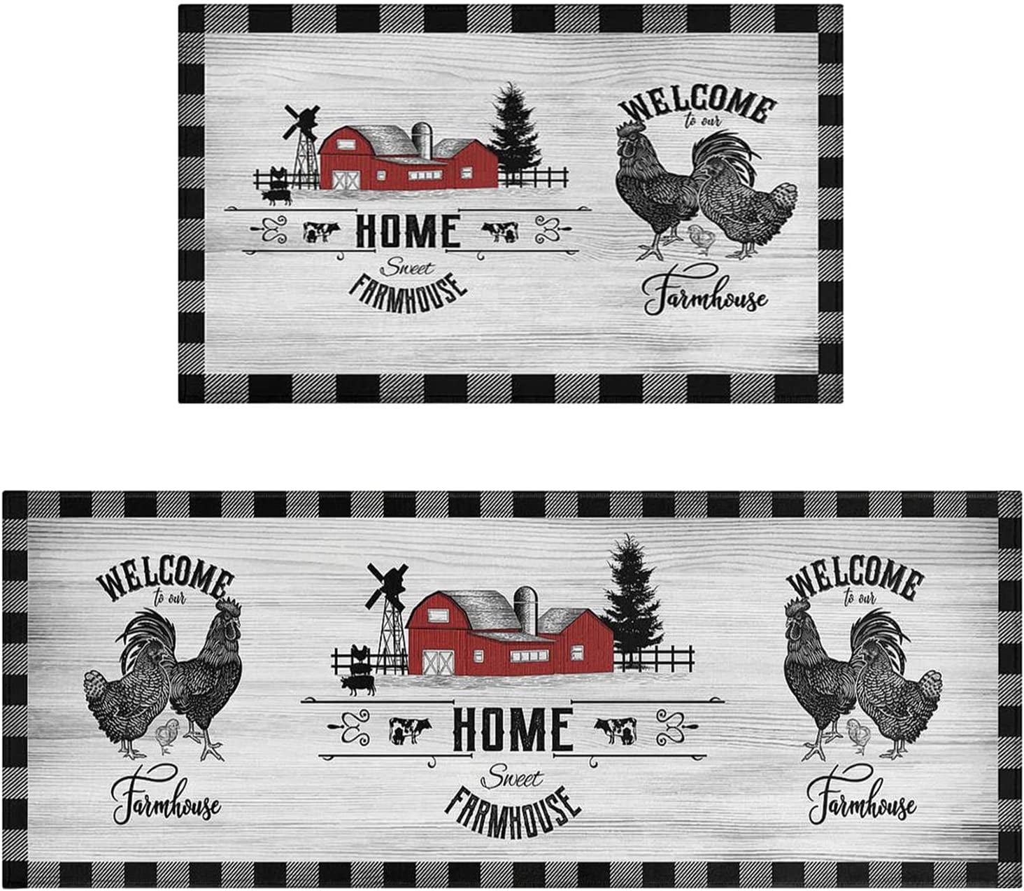 Farmhouse Kitchen Rugs Set of 2, Checkered Country Style Cushioned Non ...