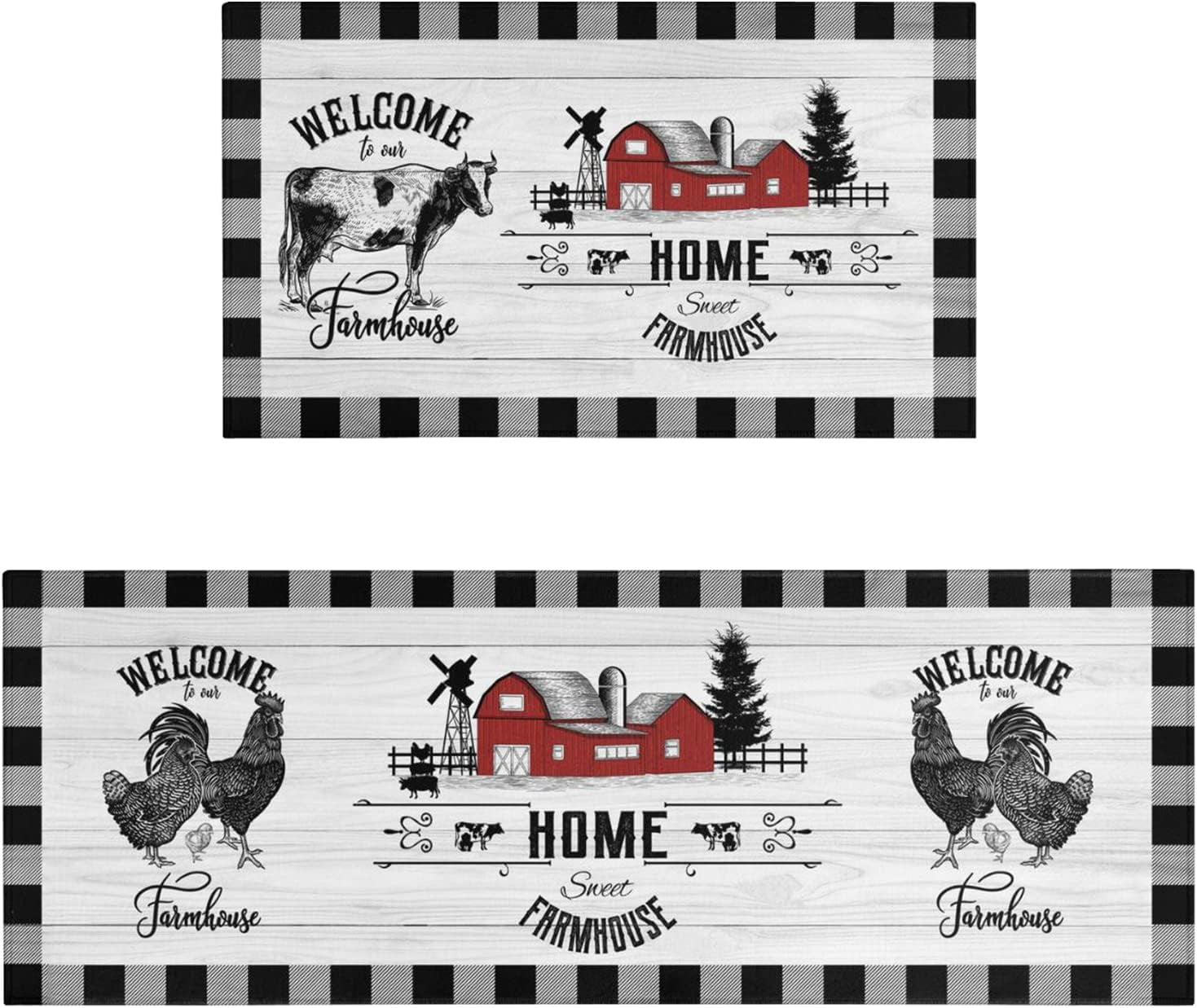Farmhouse Kitchen Rugs Sets of 2 Buffalo Plaid Black and White Rooster ...