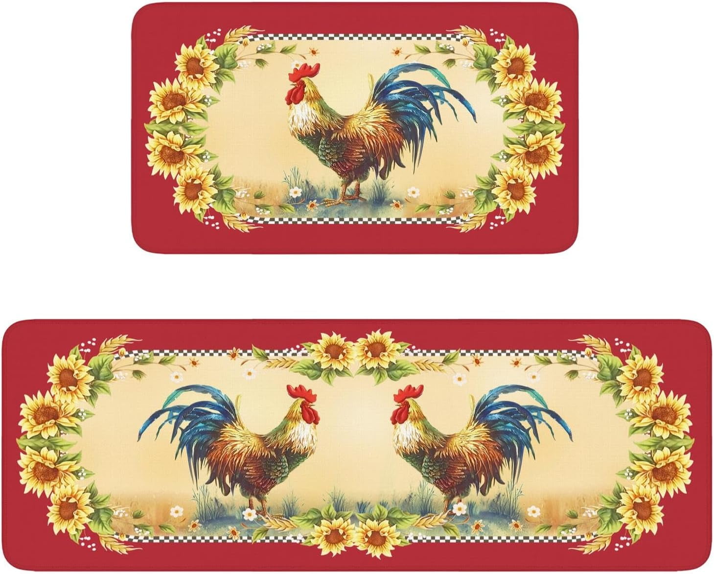 Farmhouse Kitchen Rugs and Mats Set of 2, Farm Red Rooster Kitchen Rug ...