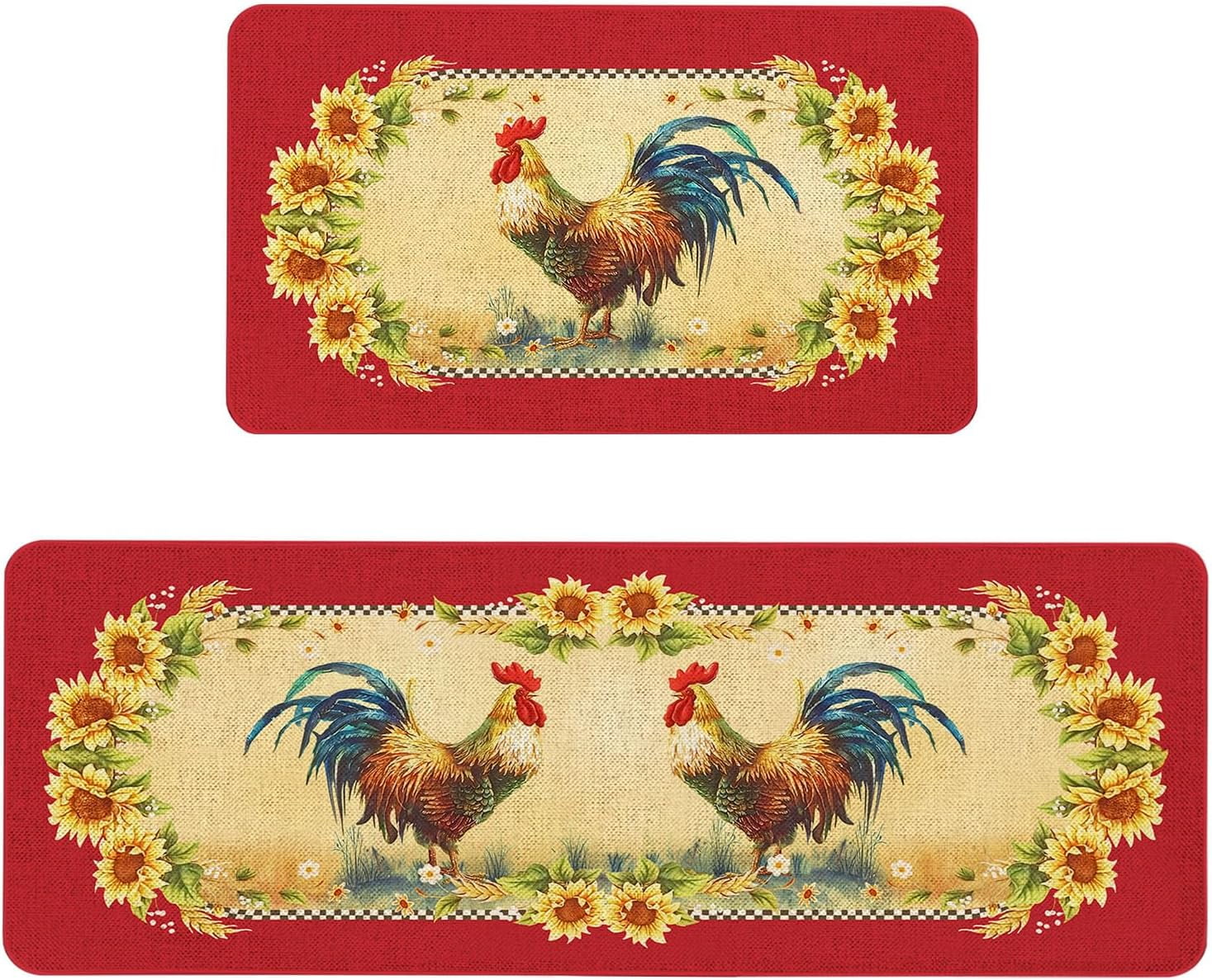 Farmhouse Kitchen Rugs and Mats Set of 2, Farm Red Rooster Kitchen Rug ...