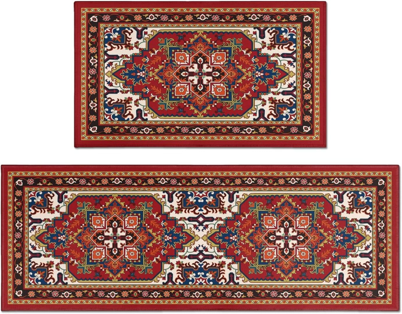 Farmhouse Kitchen Rugs and Mats Set of 2, Red Boho Kitchen Rug ...