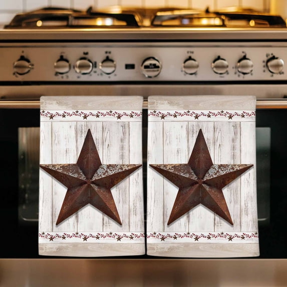 Farmhouse Kitchen Towels Set of 2, Rustic Brown Country Star Barn Berry ...