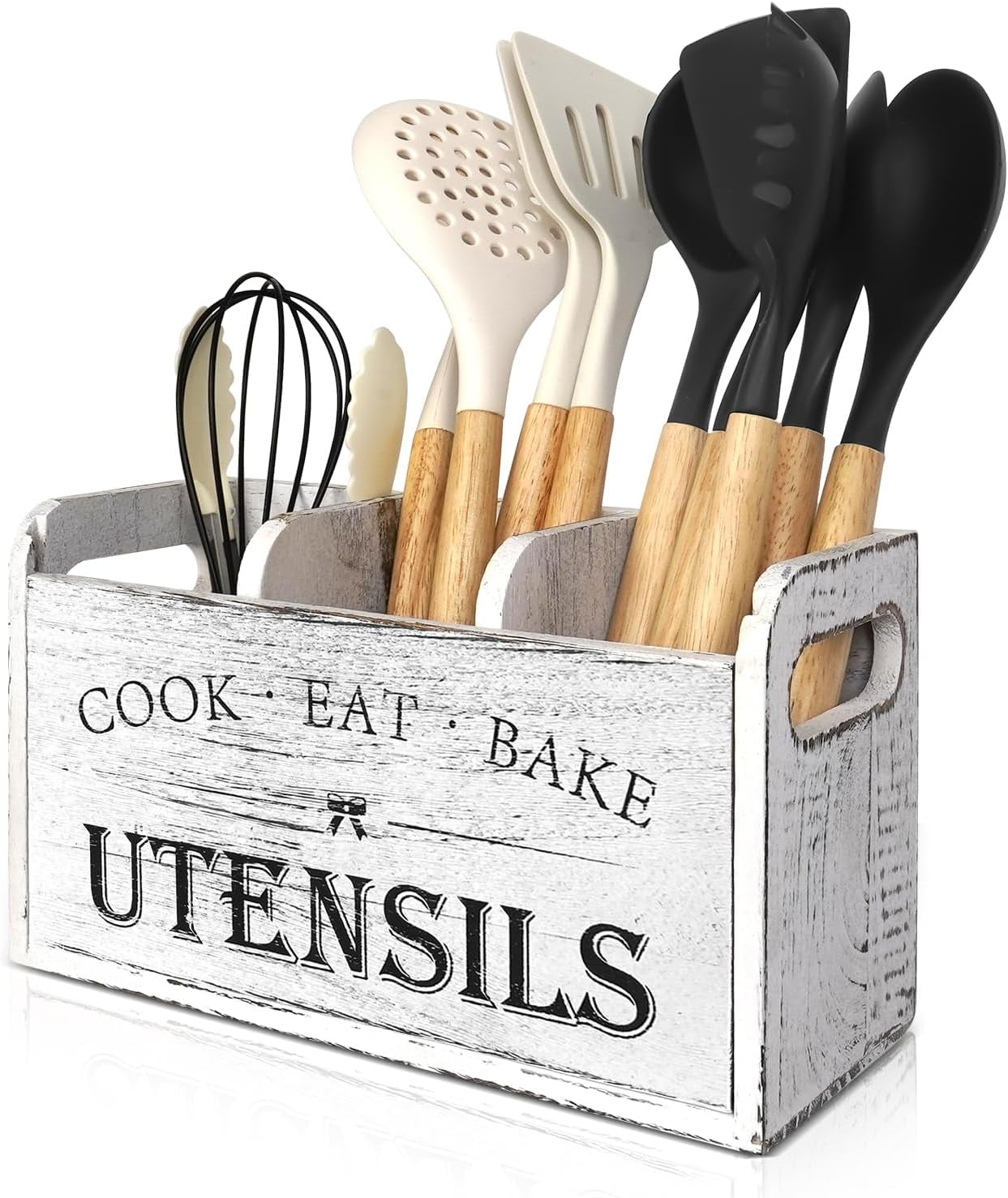 Farmhouse Kitchen Utensil Holder with 3 Compartments, Wooden Utensil ...