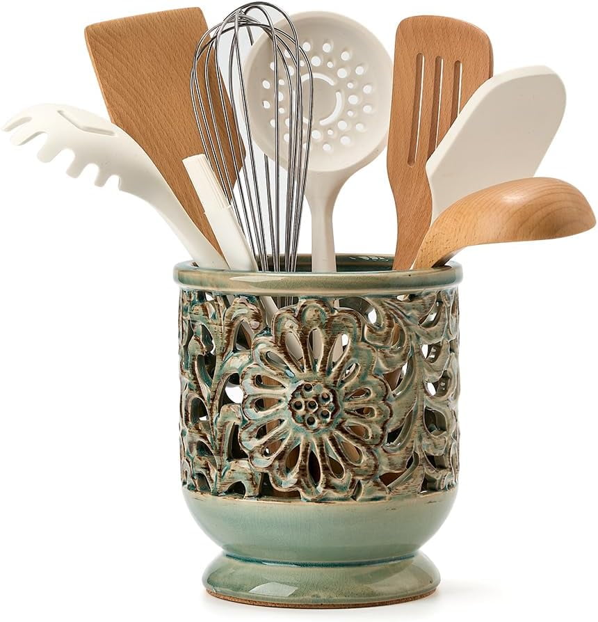 Farmhouse Kitchen Utensil Holder for Countertop, Ceramic Large Cooking ...