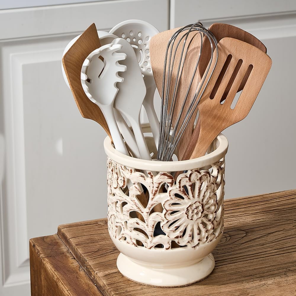 Farmhouse Kitchen Utensil Holder for Countertop, Ceramic Large Cooking ...