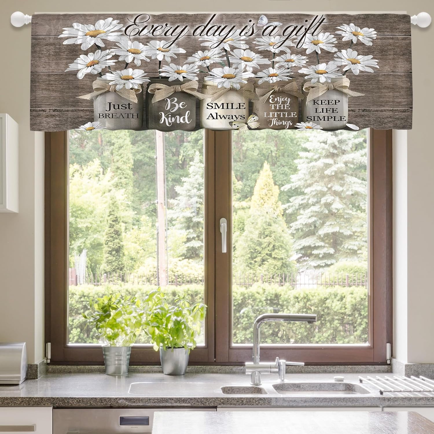 Farmhouse Kitchen Valance for Windows, Rustic Daisy Flower Vintage ...
