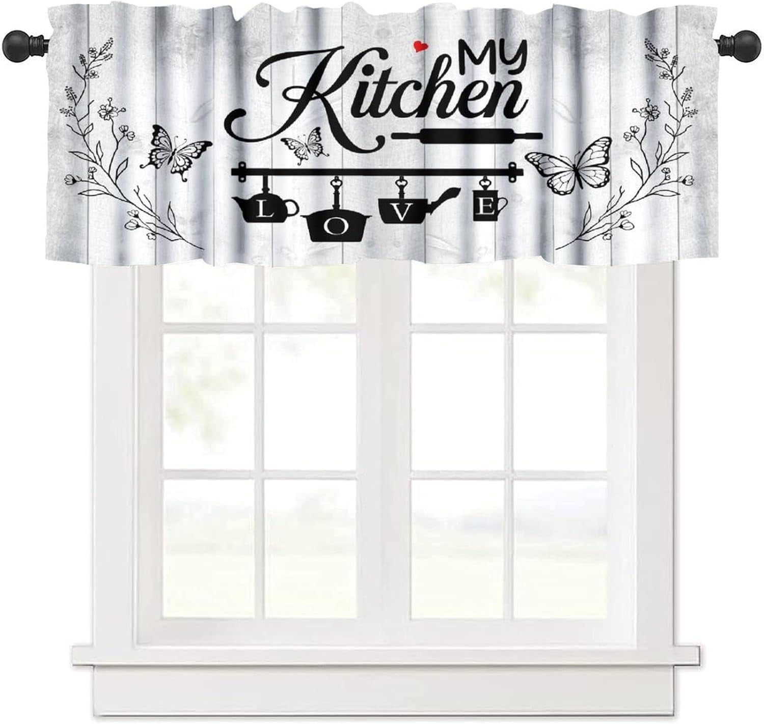 Farmhouse Kitchen Valances Curtain, Cooking Set Cook Fork Spoon Wooden ...