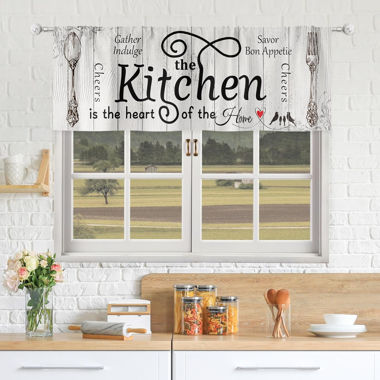 Farmhouse Kitchen Valances Curtains Rustic Vintage Country Wooden Plank ...
