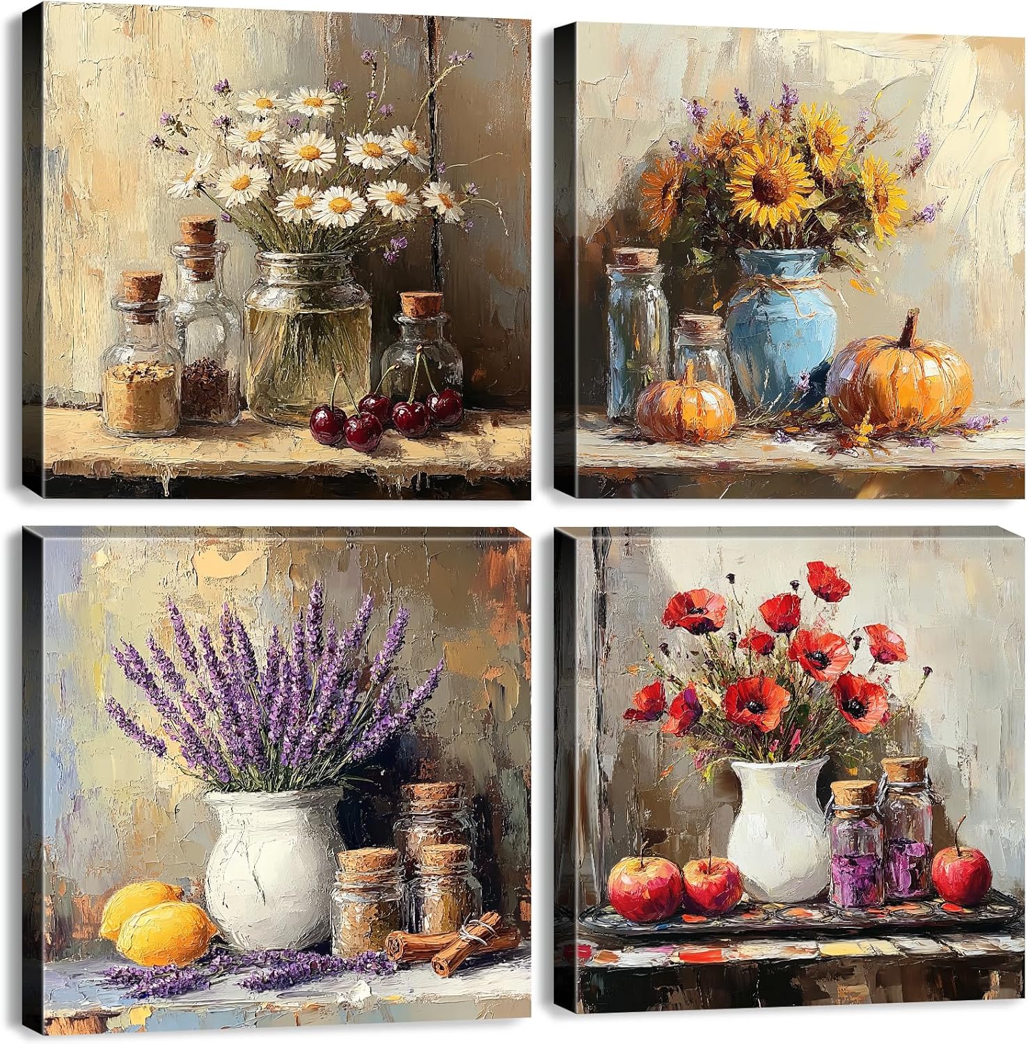 Farmhouse Kitchen Wall Art Texture Flower Oil Painting Prints Posters ...