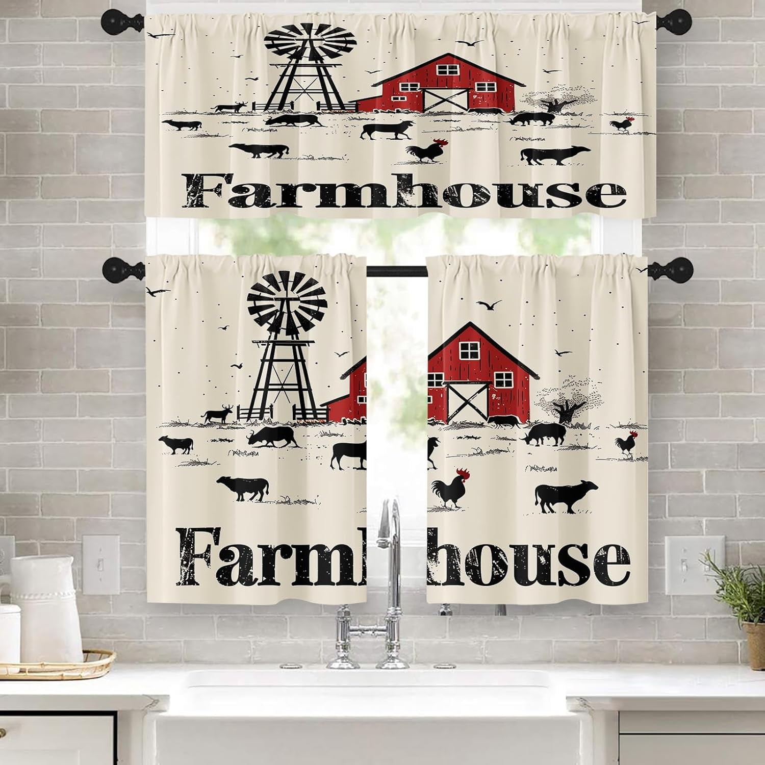 Farmhouse Kitchen Window Curtains Valance and Tier Set 36 Inch, Red ...
