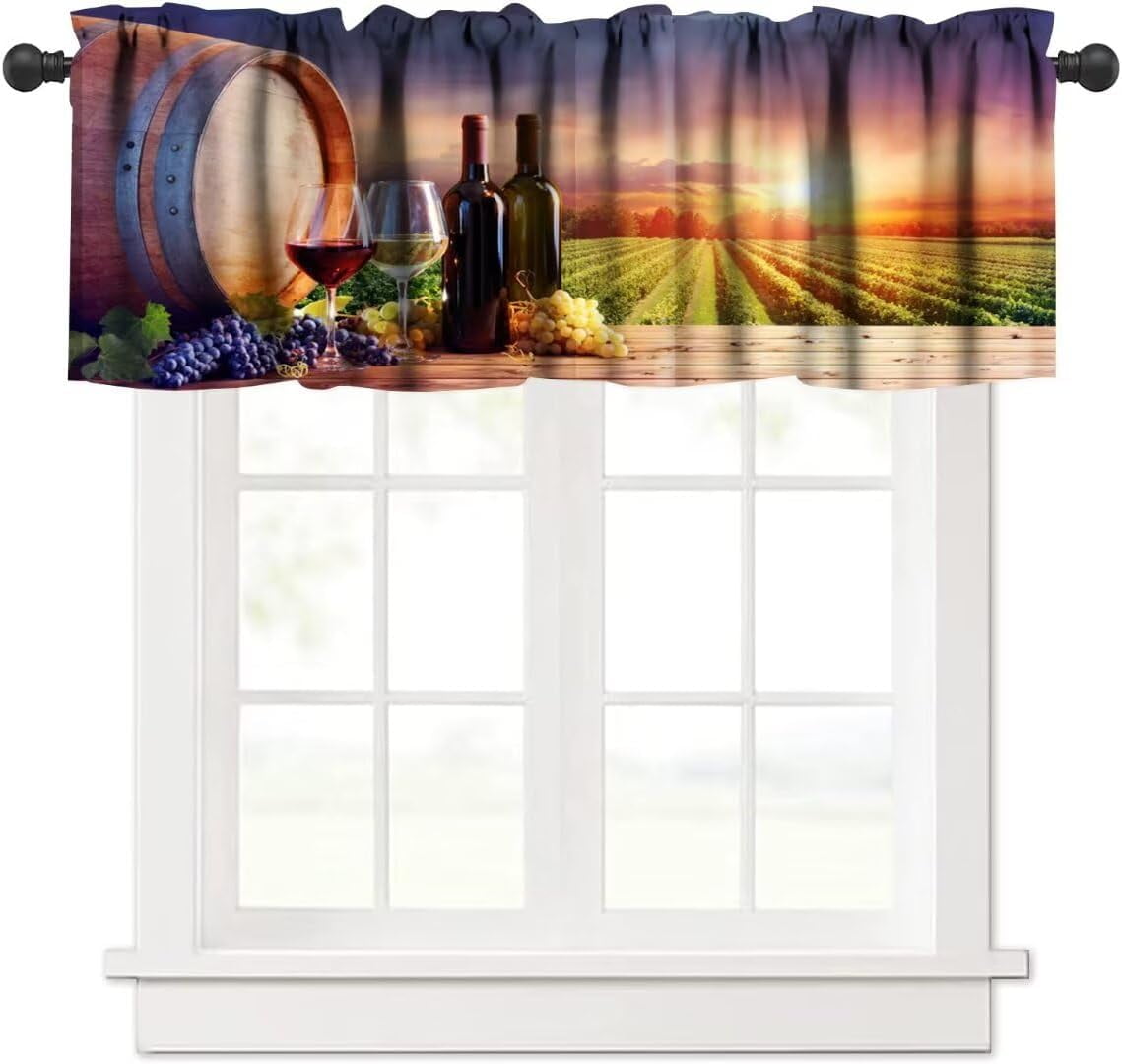 Farmhouse Kitchen Window Valance, Rural Scene Vintage Wineglasses with ...