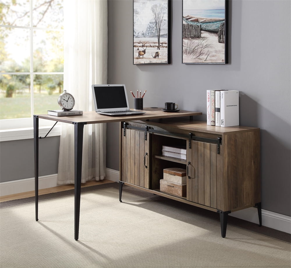Farmhouse L-Shaped Computer Desk with Sliding Barn Door Storage Cabinet ...